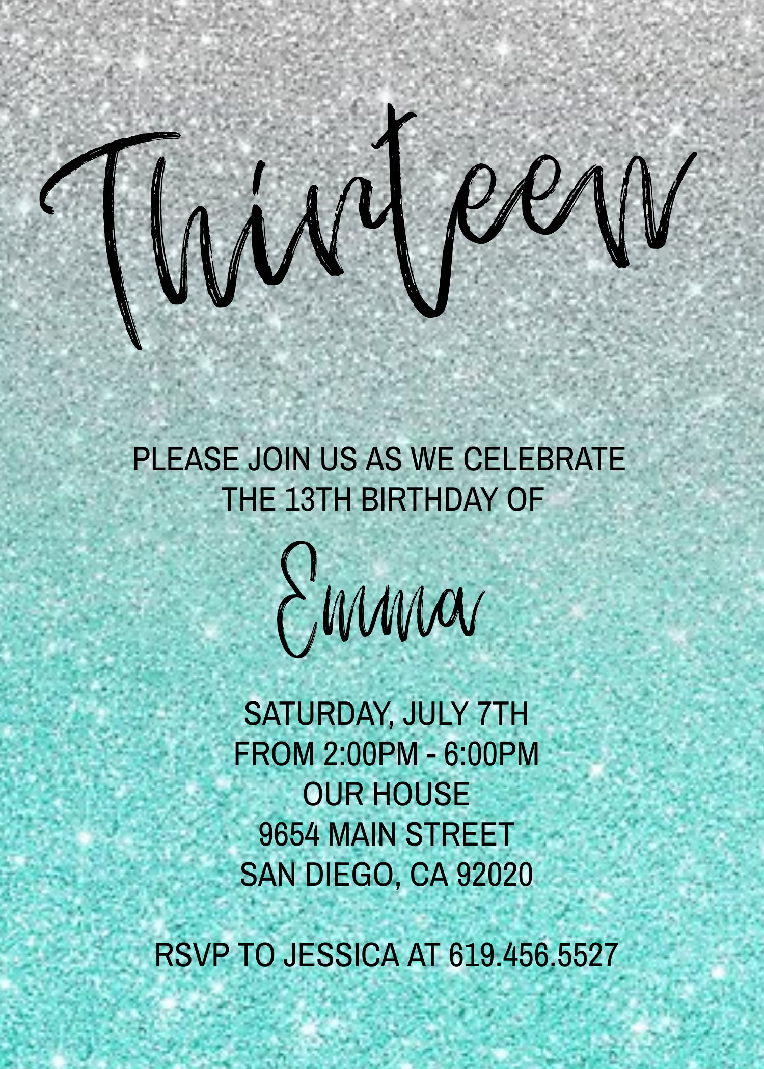 Glitter Teal & Silver Birthday Invitation Template/girls Women - Etsy