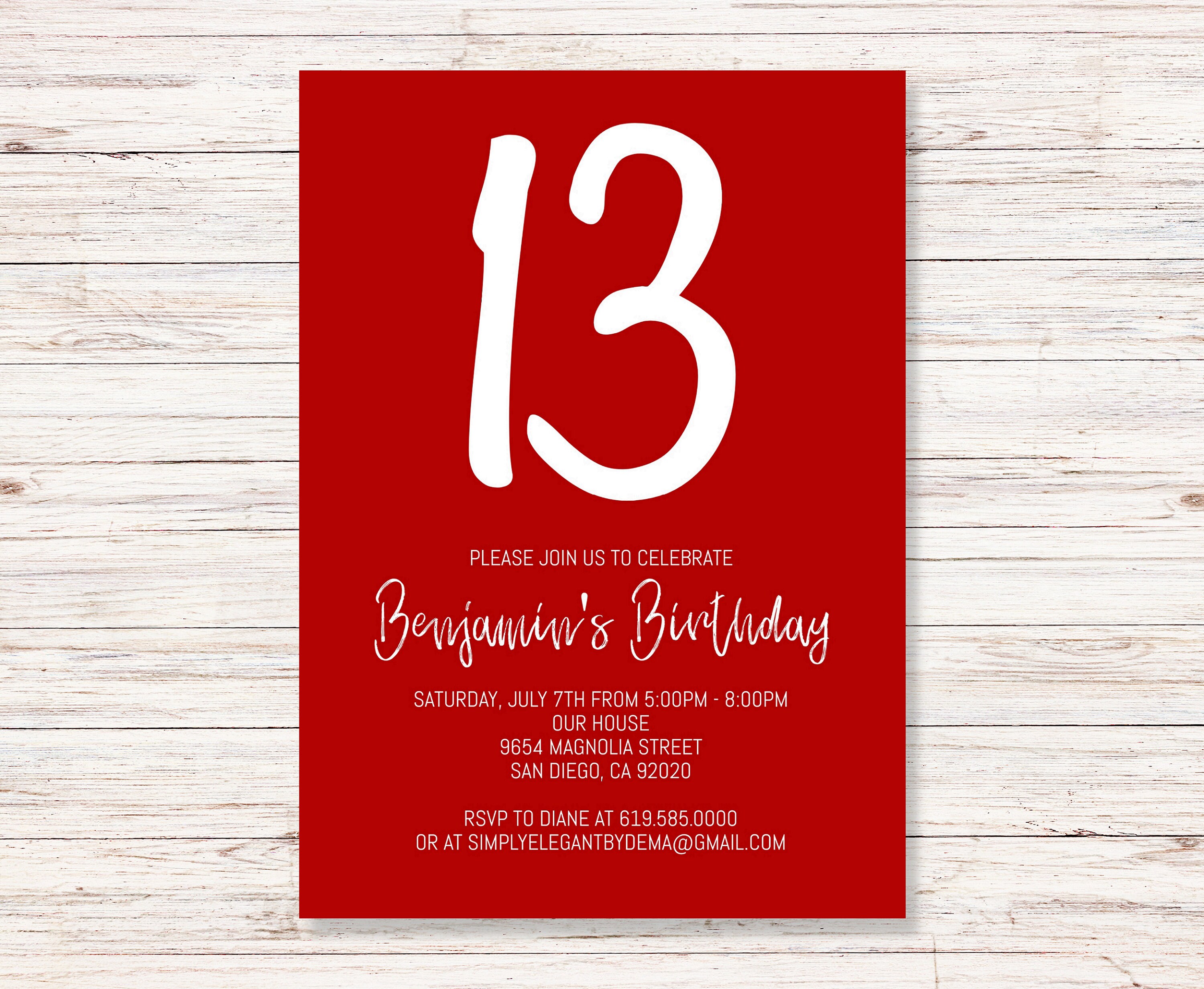 Simple Red Birthday Invitations for Boys Kids Teens Girls/modern Red ...