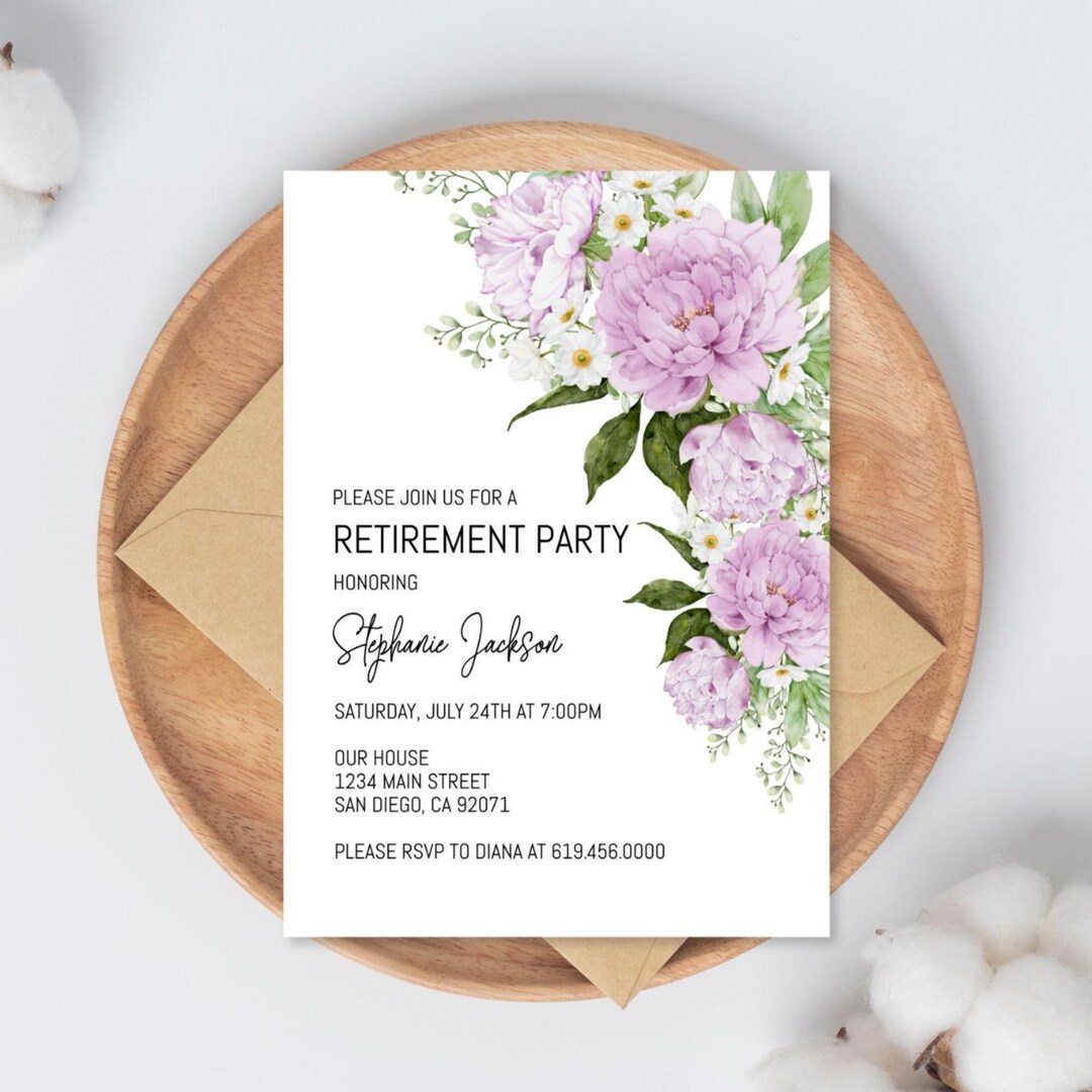 Retirement Party Invitation Template, Purple Floral Retirement ...