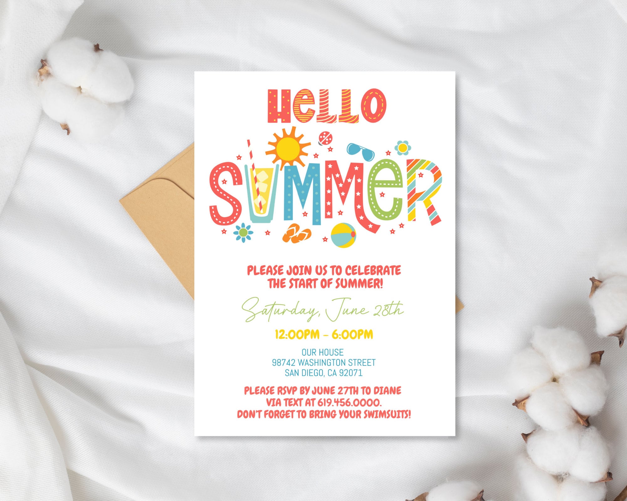 Hello Summer Party Invitation Template, Sun Invitation, Summer Party ...