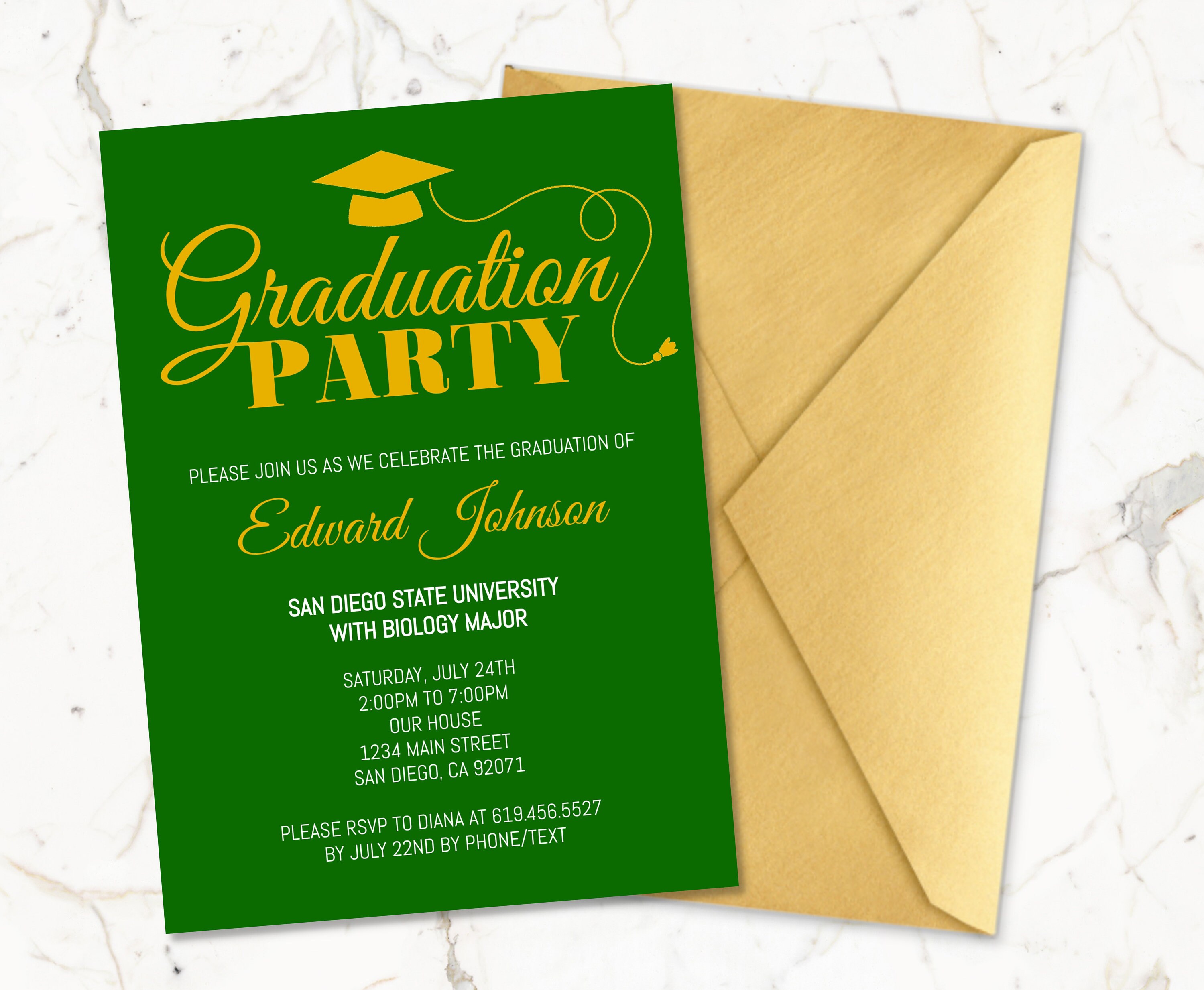 Gold & Green Graduation Party Invitation Template, Graduation ...