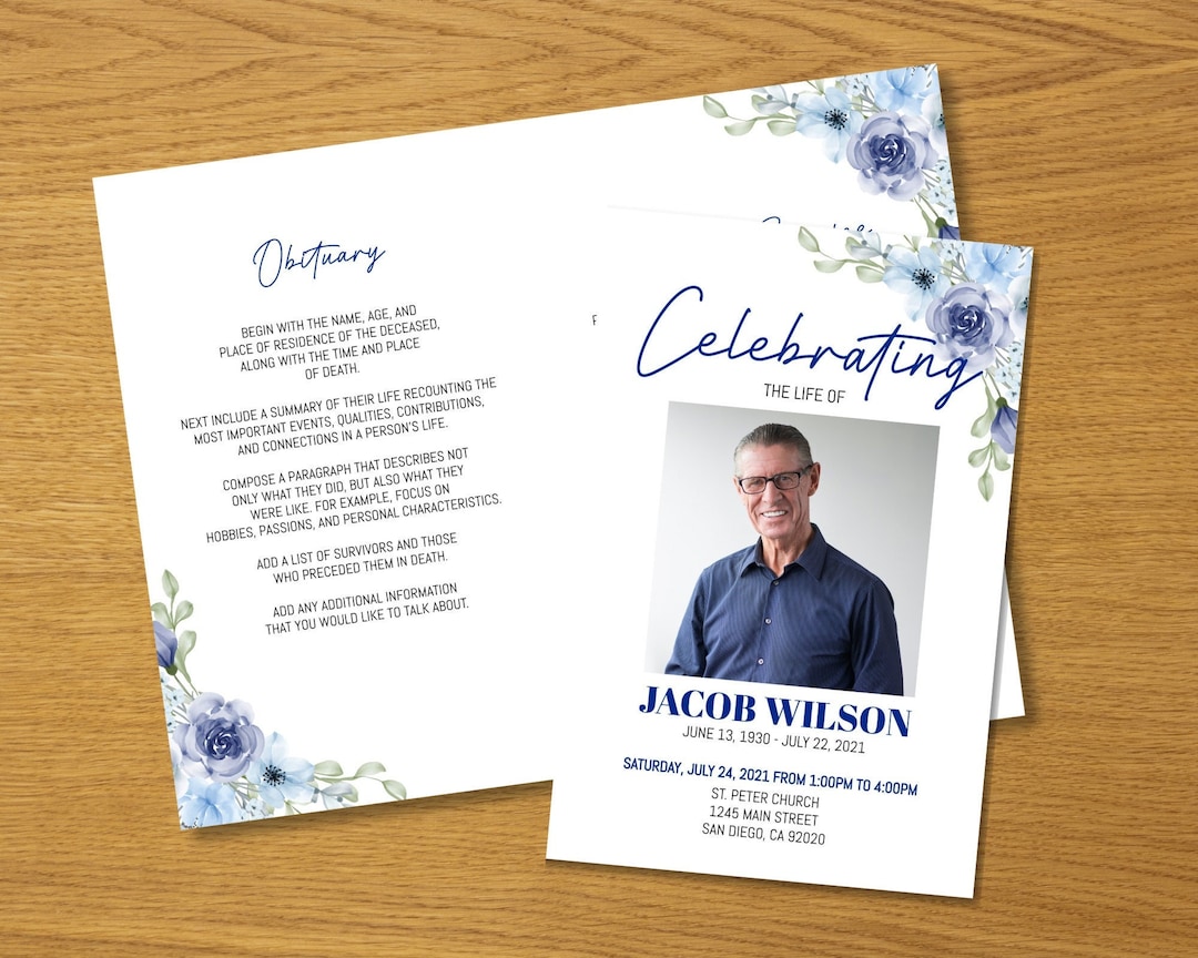 Blue Funeral Program Template, Blue Flowers Funeral Program for Men ...