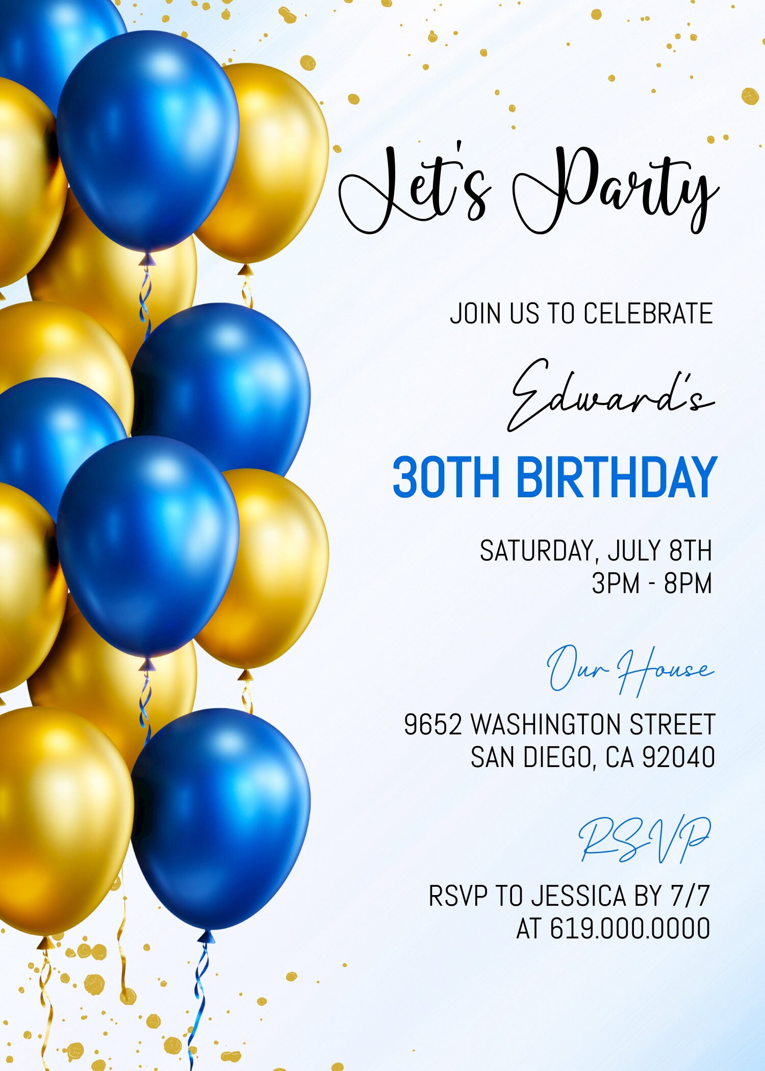 Blue & Gold Balloons Birthday Invitation Template, Editable Blue ...