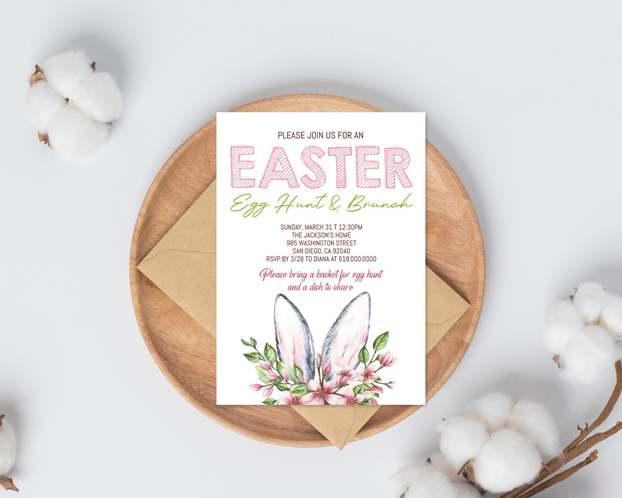 Easter Egg Hunt Brunch Invitation, Bunny Easter Brunch Invitation ...