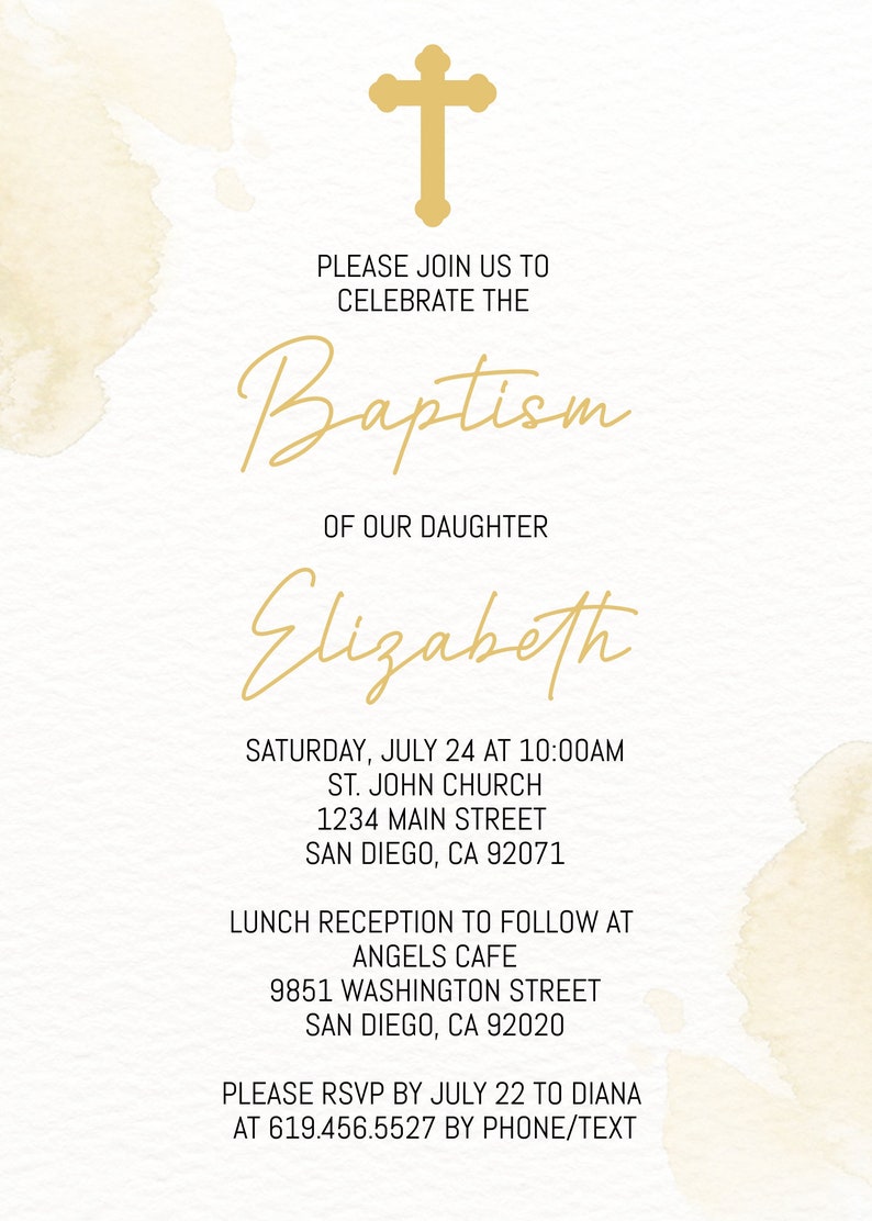 Gold Watercolor Baptism Invitations for Girls Boys, Gold Baptism ...