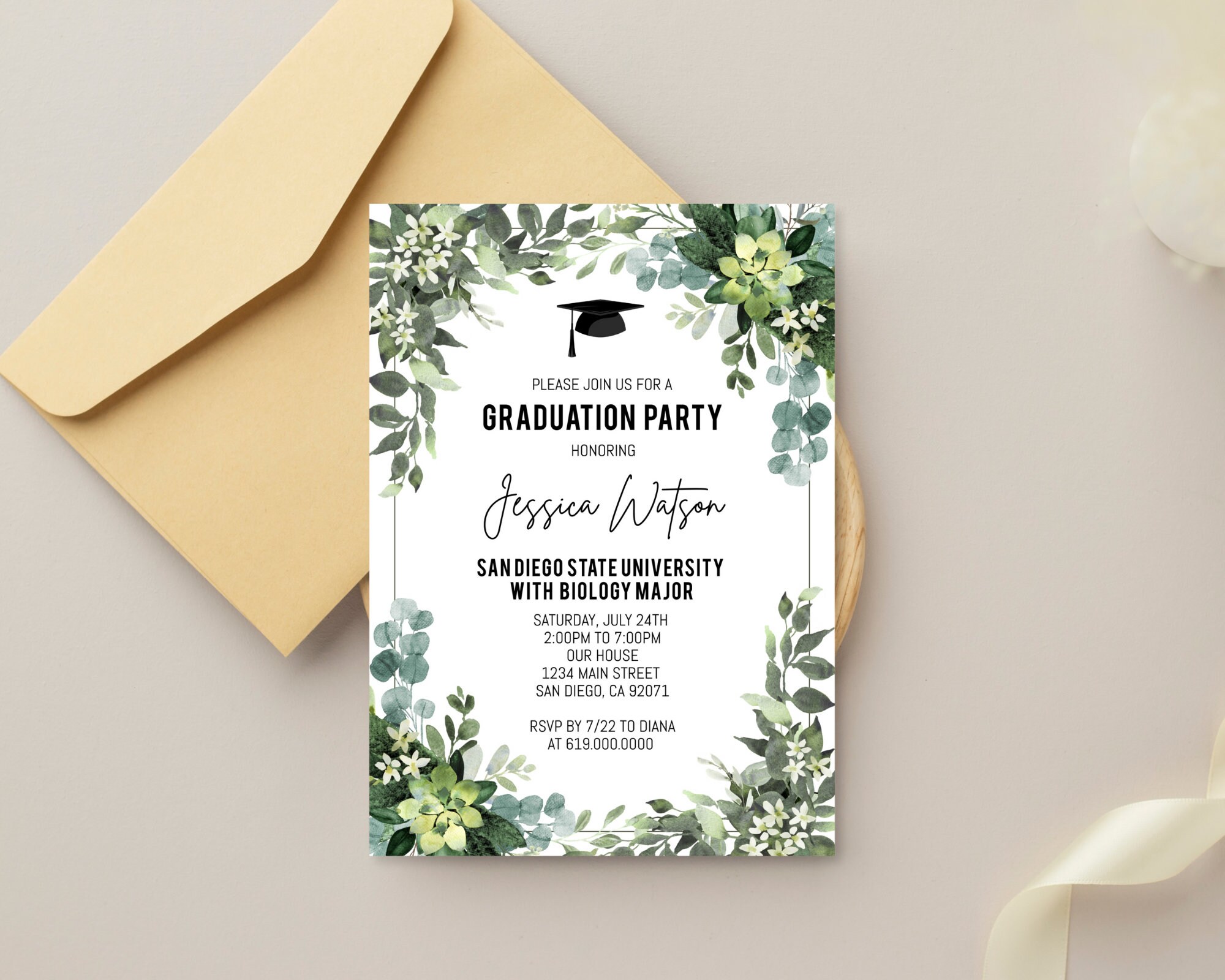 Greenery Graduation Party Invitation, Foliage Editable Graduation ...