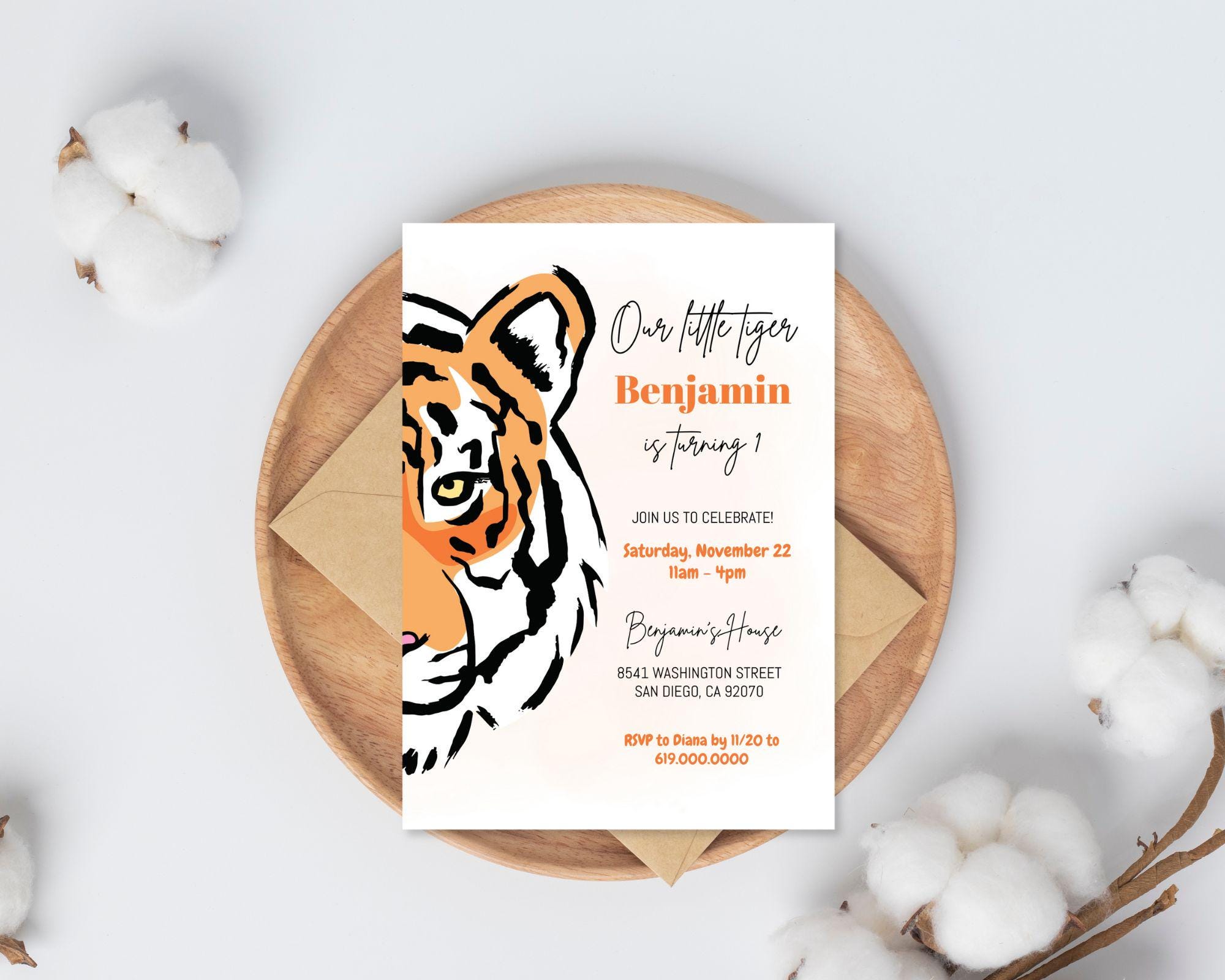 Little Tiger Birthday Invitation, Tiger Theme Birthday Invitation ...