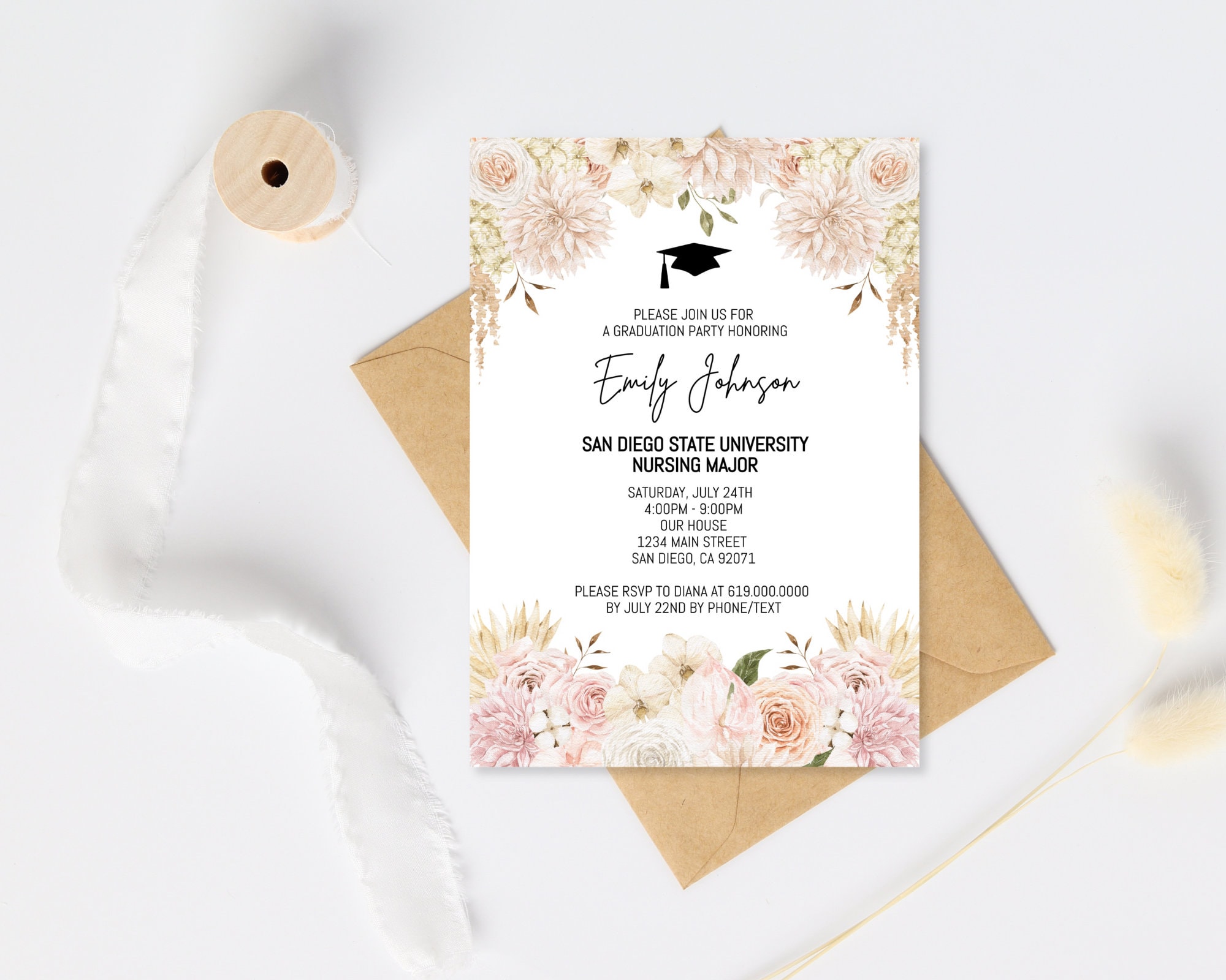 Floral Graduation Party Invitation, Wildflower Invitation Template ...