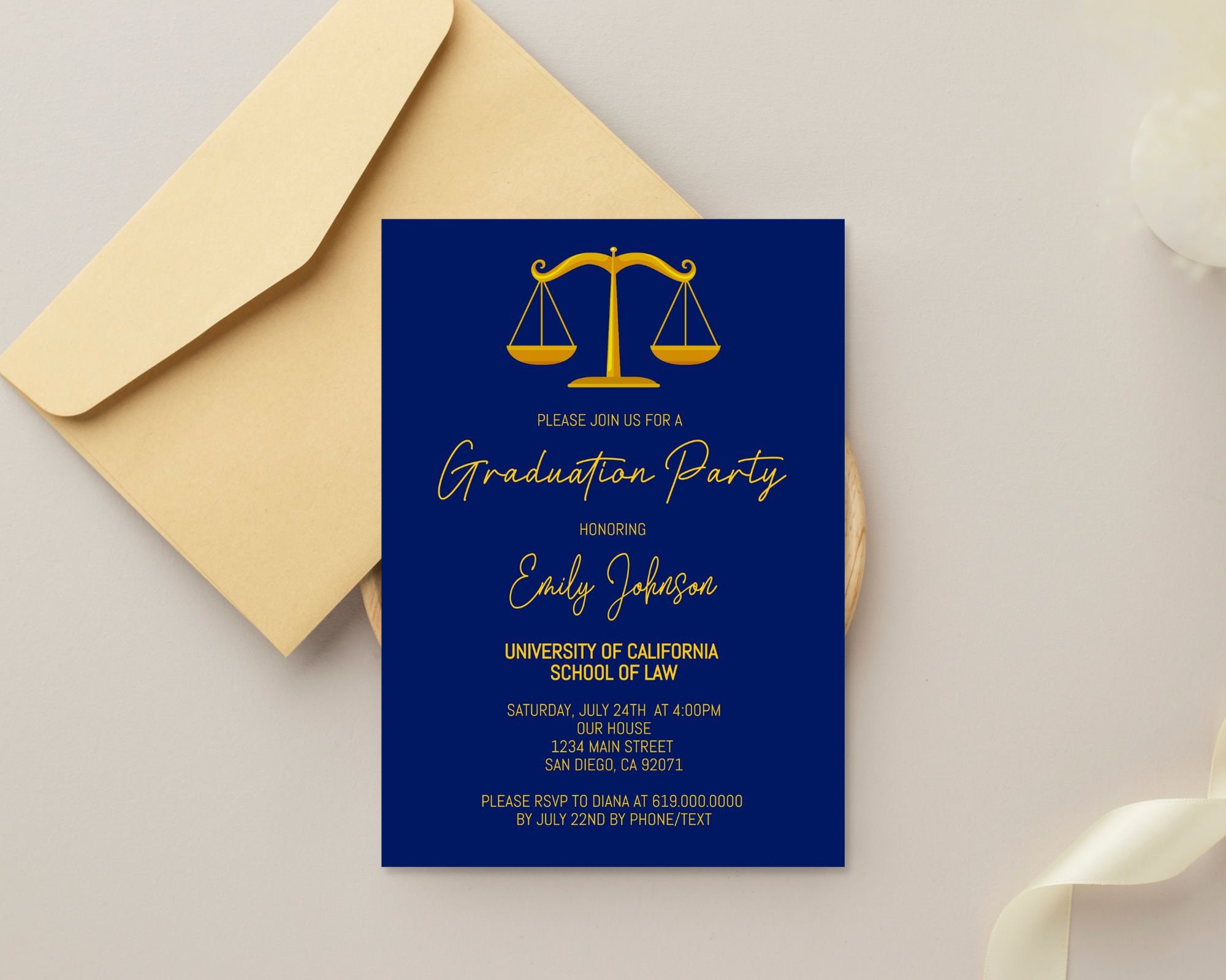 Law School Graduation Invitation Template, Minimalist Blue & Gold Scale ...