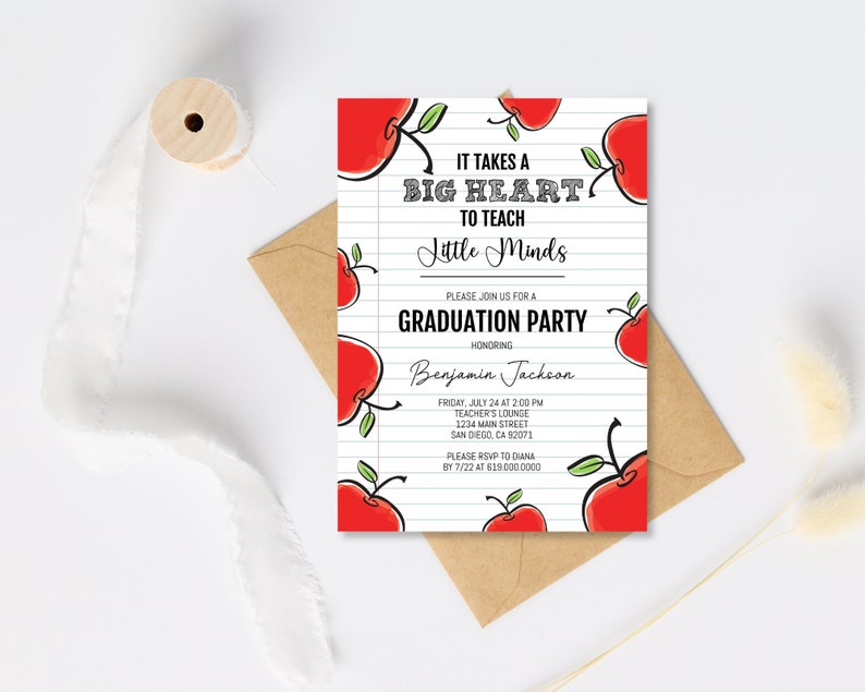 Teacher Graduation Invitation, Editable Big Heart Teach Little Minds ...