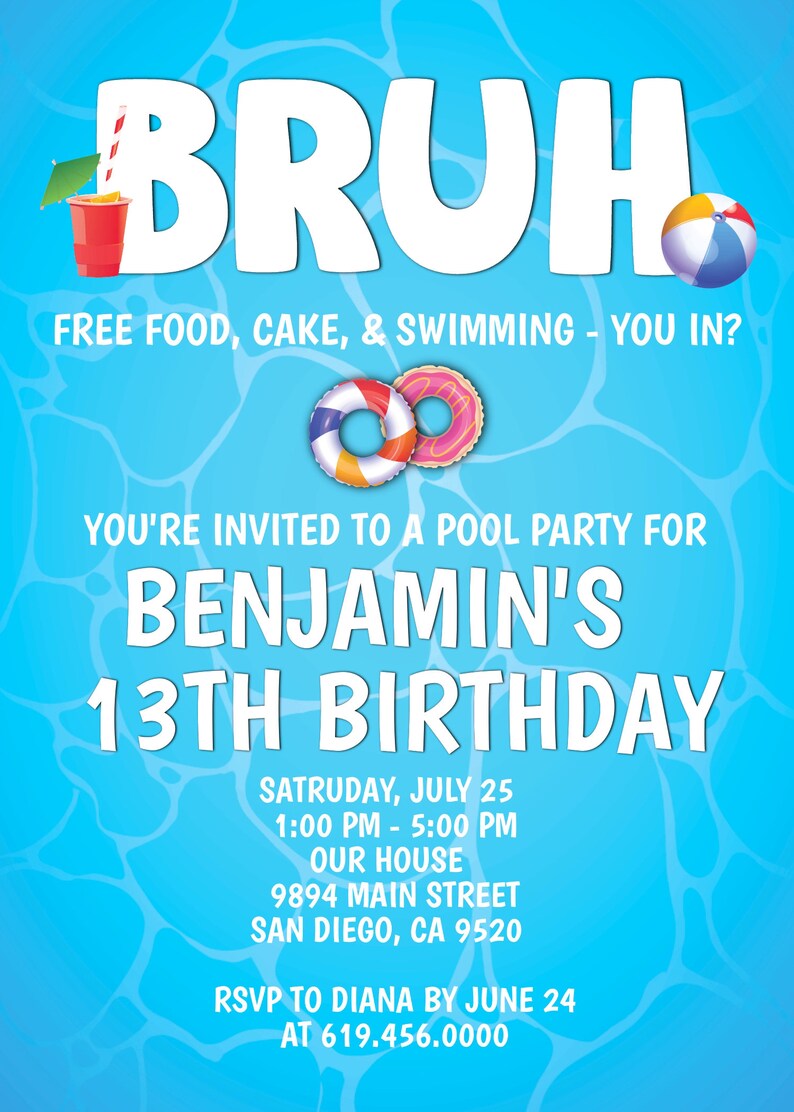 Bruh Boy Pool Party Birthday Invitation, Teen Birthday Party Invitation ...