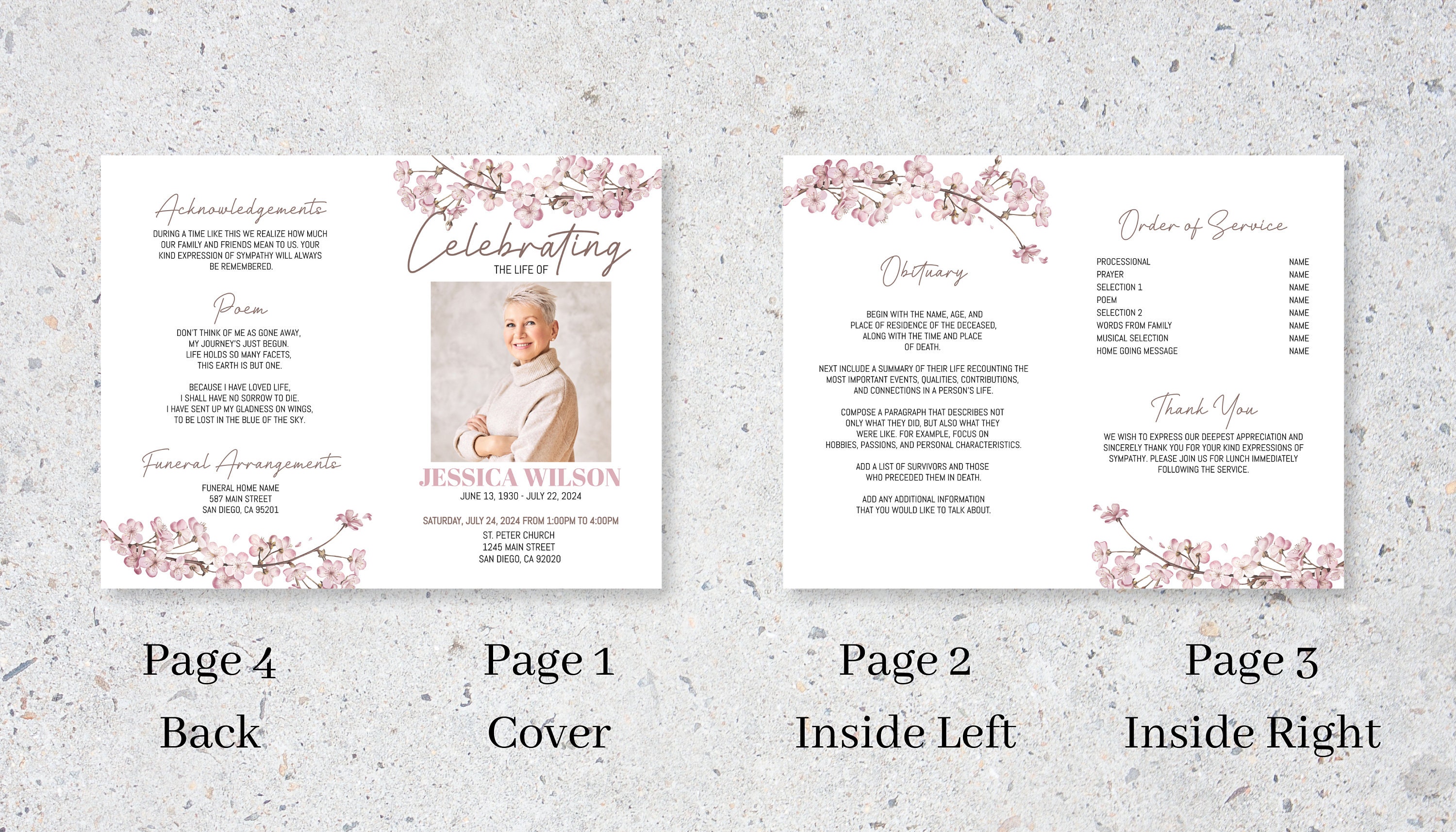 Cherry Blossom Funeral Program Template, Pink Flowers Funeral Program ...