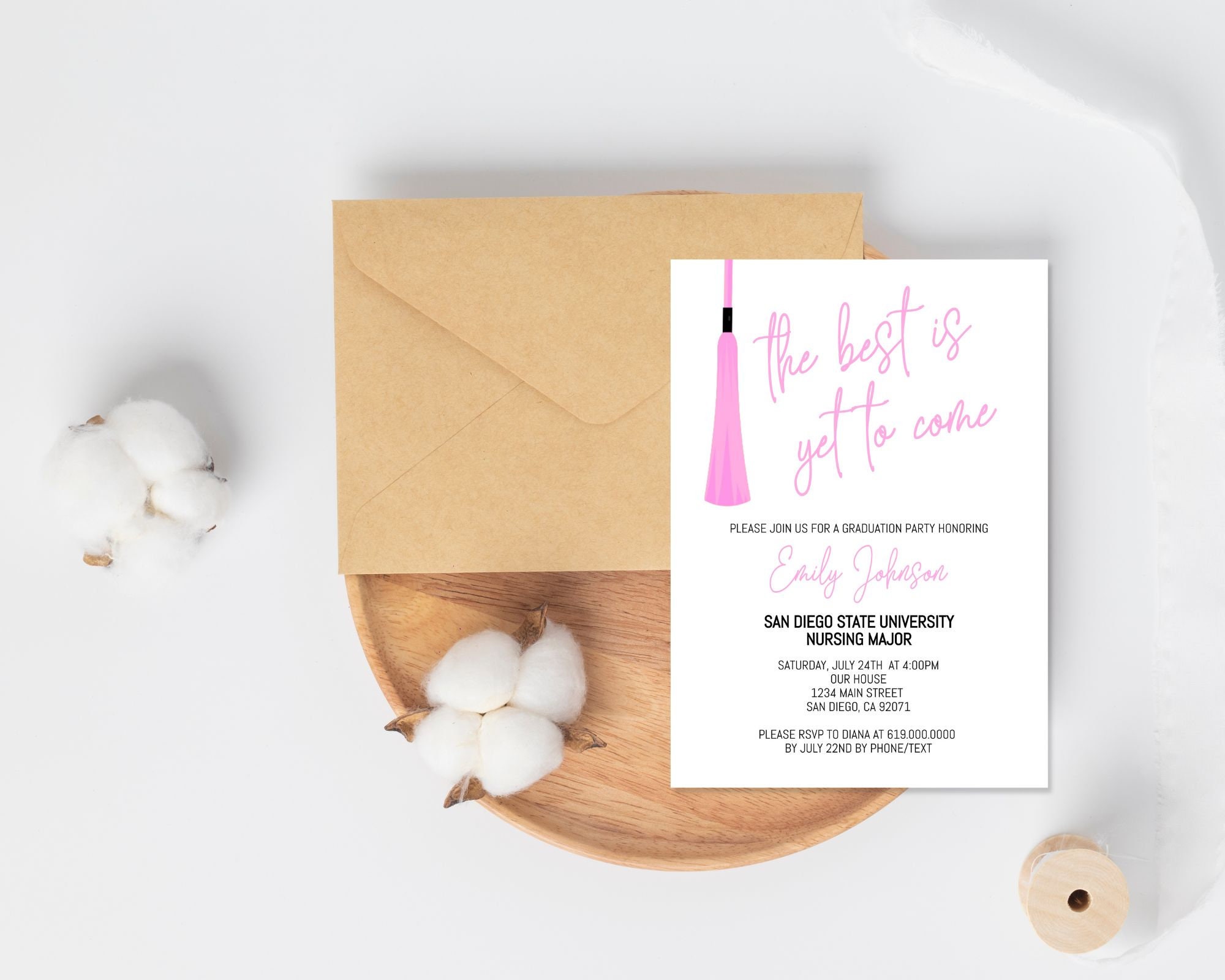 Tassel Graduation Invitation Template, Minimalist Pink Tassel ...