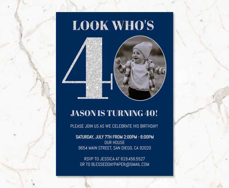 Silver & Blue Birthday Invitation for Men Women, Navy Blue Birthday ...