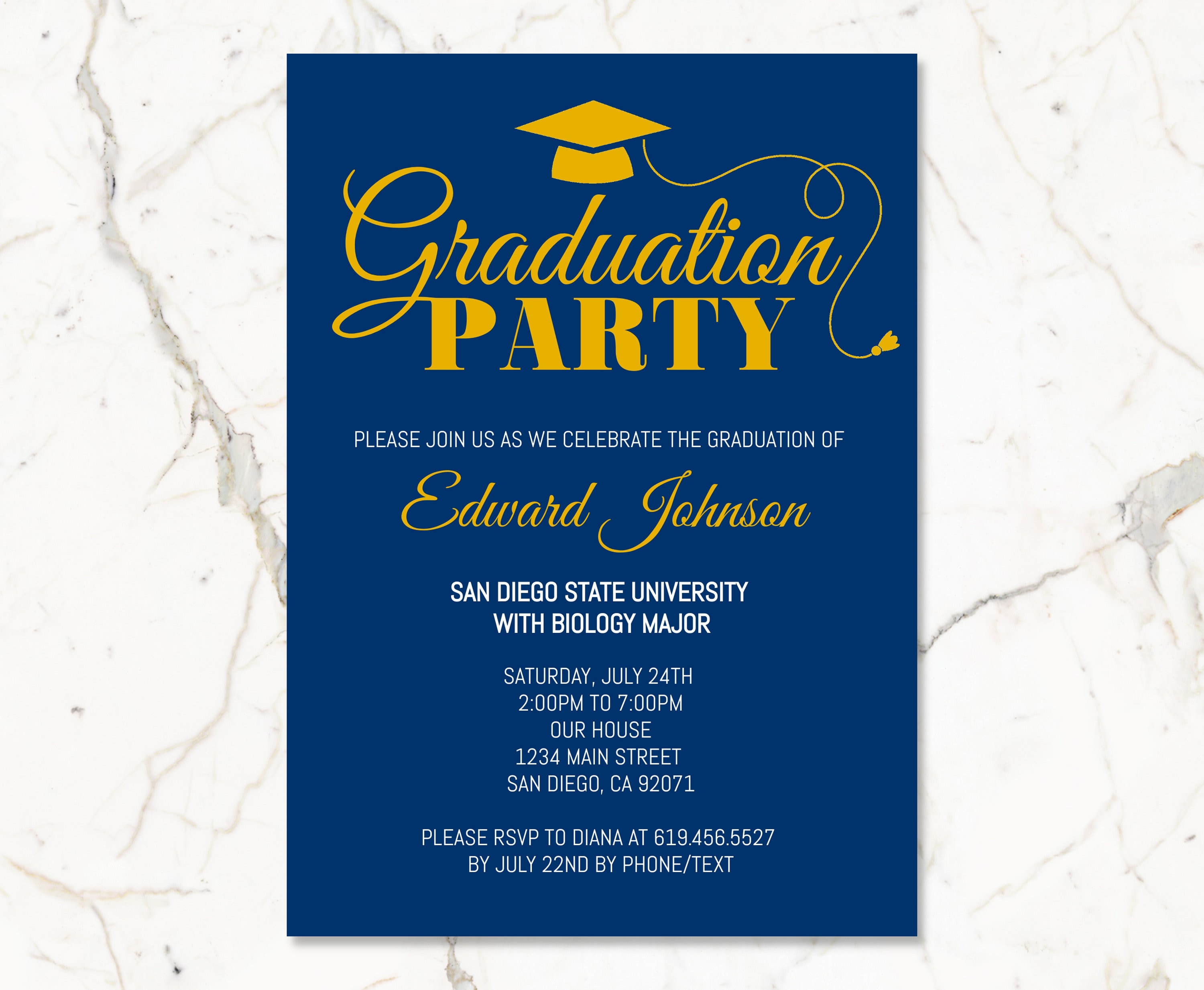 Minimalist Blue Graduation Party Invitation Template, Gold Graduation ...