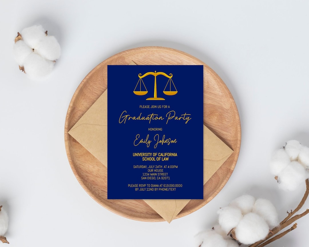 Law School Graduation Invitation Template, Minimalist Blue & Gold Scale ...
