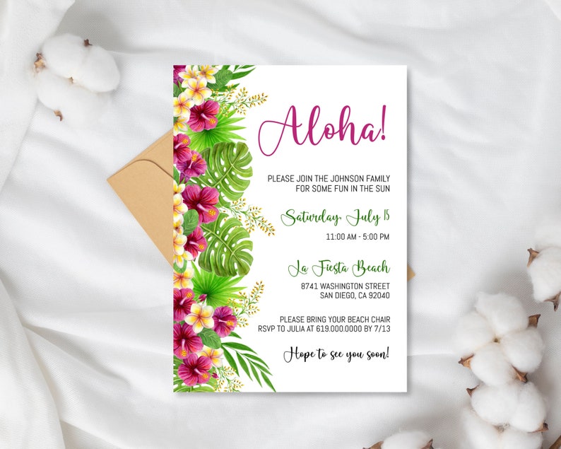 Aloha Luau Invitation Template, Hawaiian Beach Party (corjl DIY Invite ...