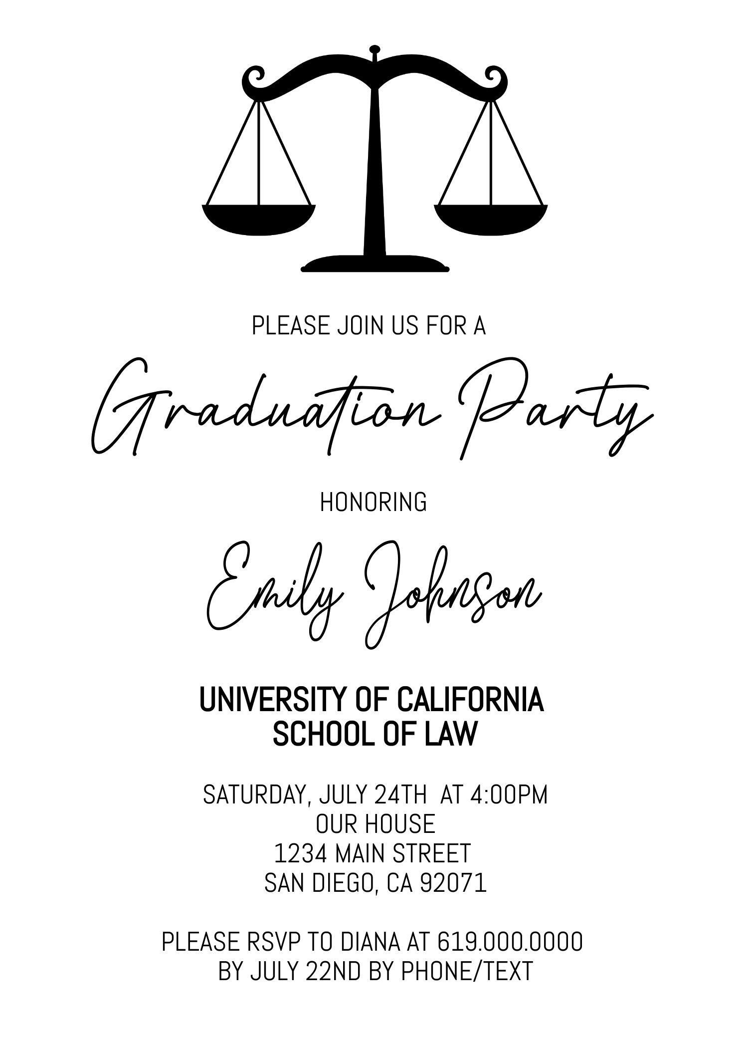 Law School Graduation Invitation Editable Template, Minimalist Scale of ...