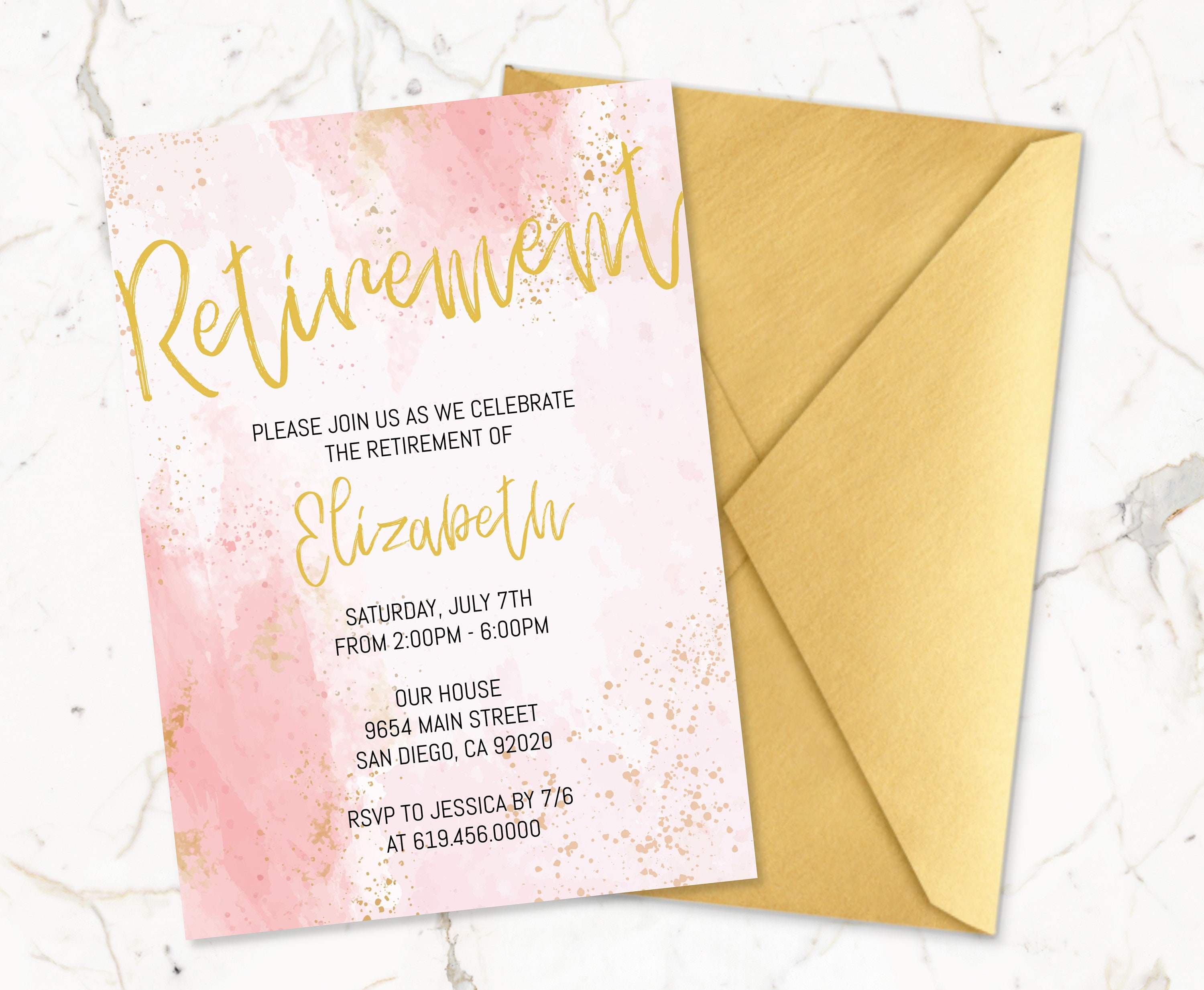 Pink Watercolor Retirement Invitations Template/printable Pink & Gold ...