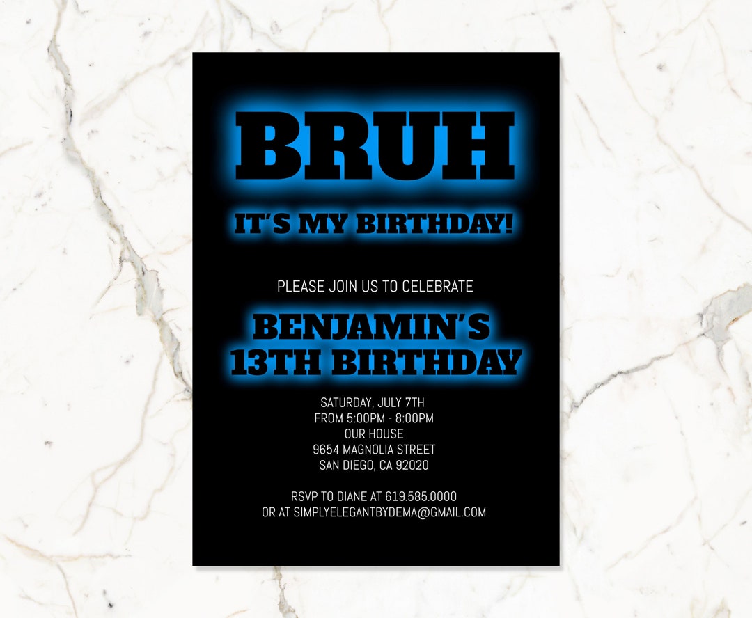 Bruh Invitation, Black & Blue Birthday Invitation for Boys Teens Kids ...