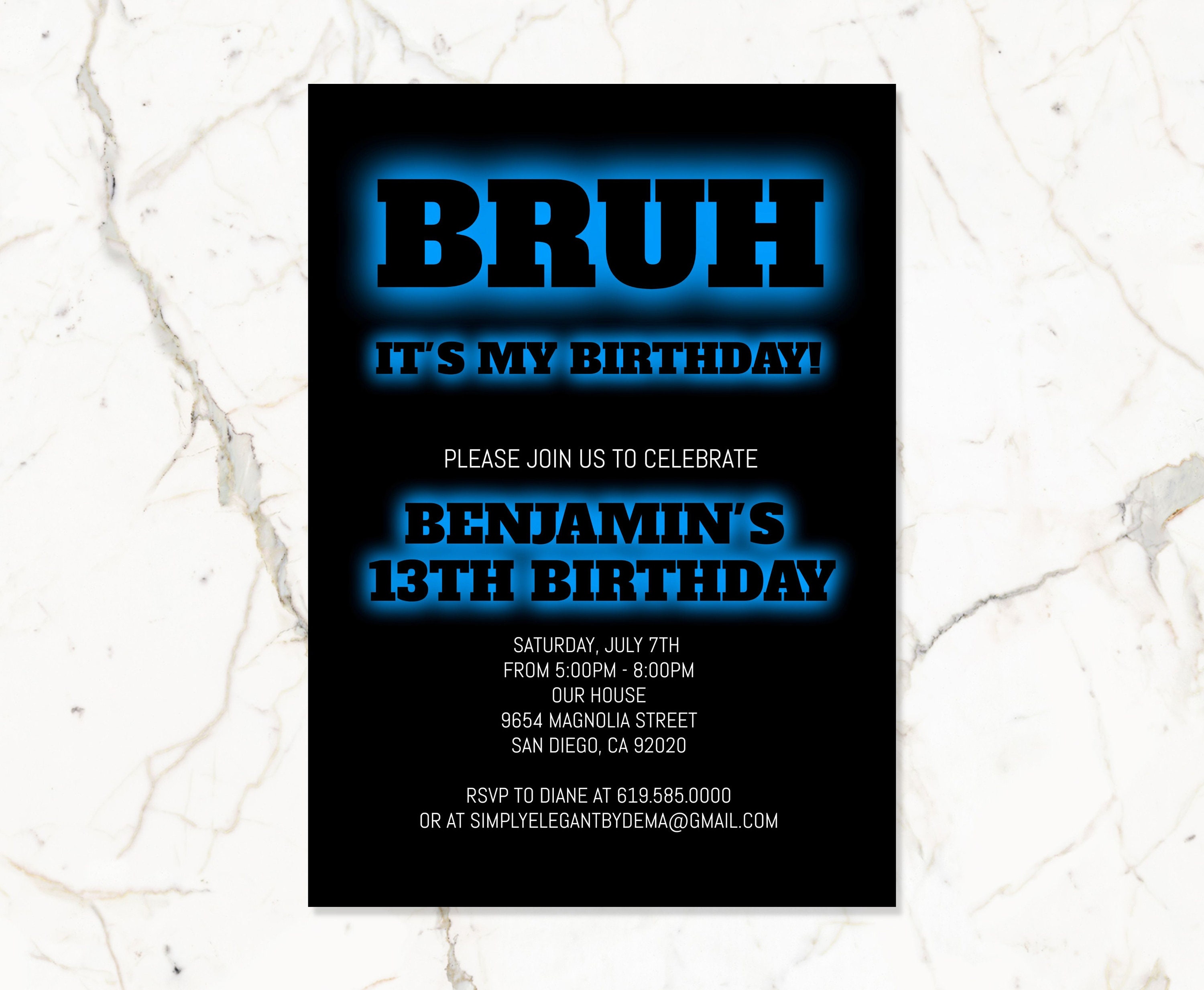 Bruh Invitation, Black & Blue Birthday Invitation for Boys Teens Kids ...