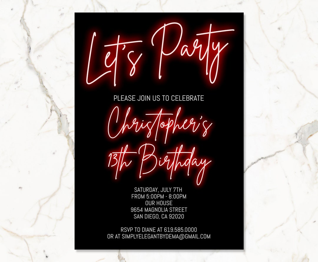 Black & Red Birthday Invitation for Boys Teens Kids/any Age/neon Red ...