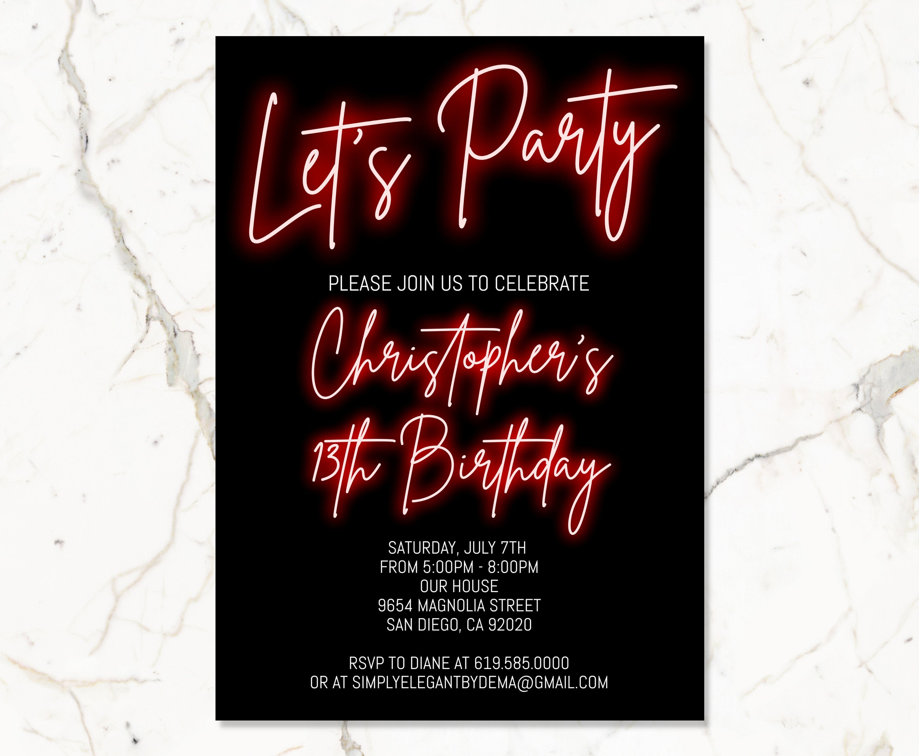 Black & Red Birthday Invitation for Boys Teens Kids/any Age/neon Red ...