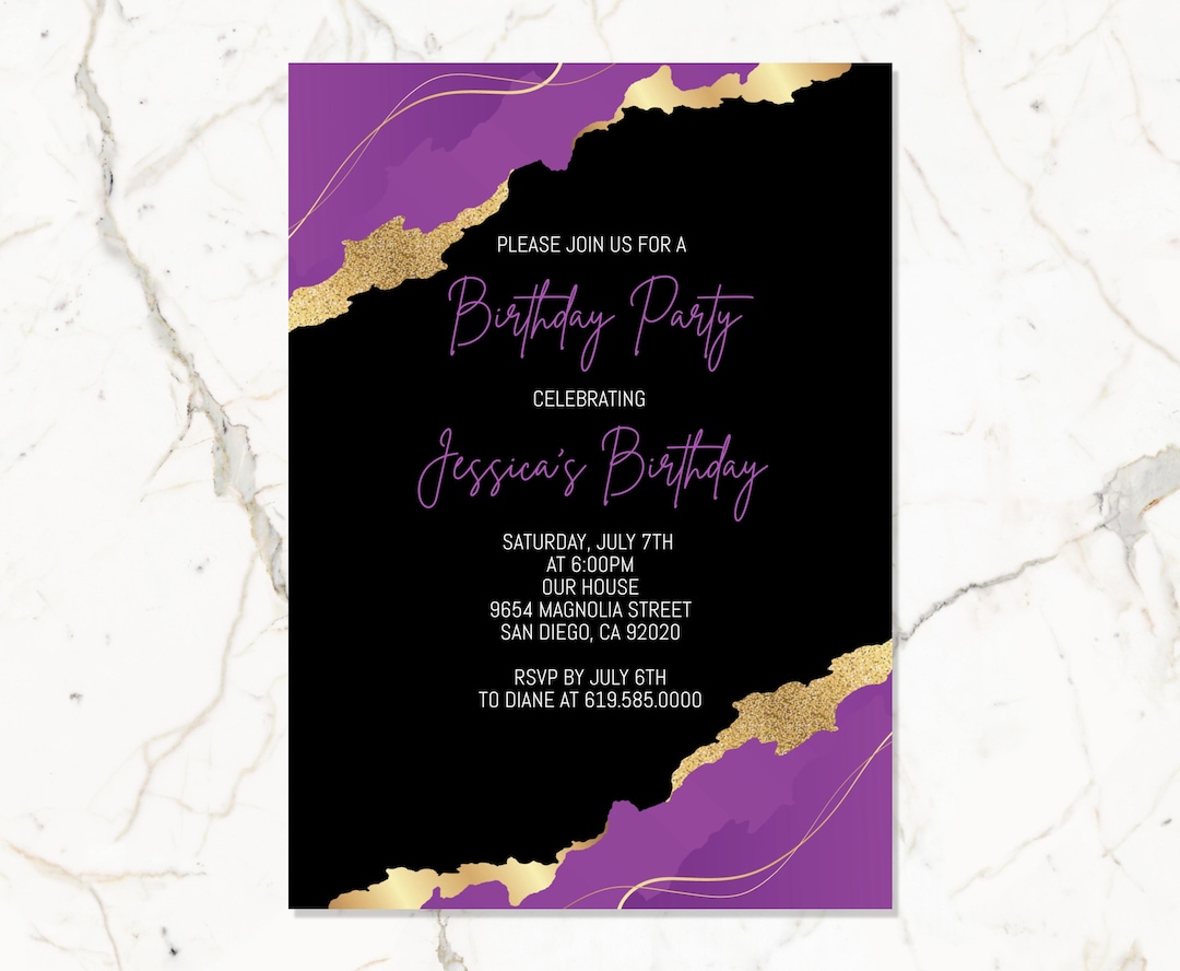 Editable Purple, Gold, & Black Birthday Invitations/any Age/luxury ...