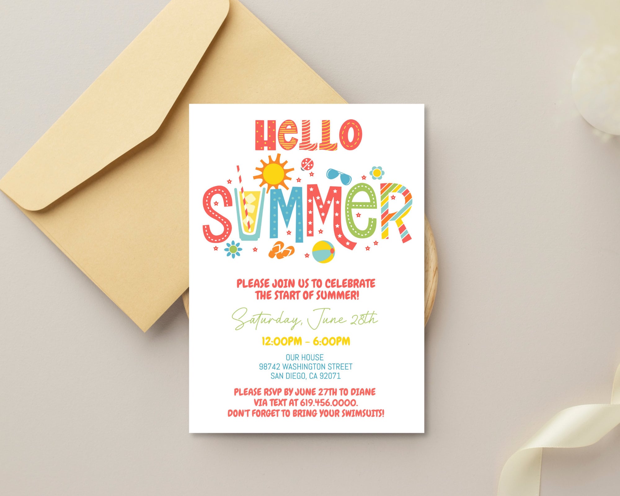Hello Summer Party Invitation Template, Sun Invitation, Summer Party ...
