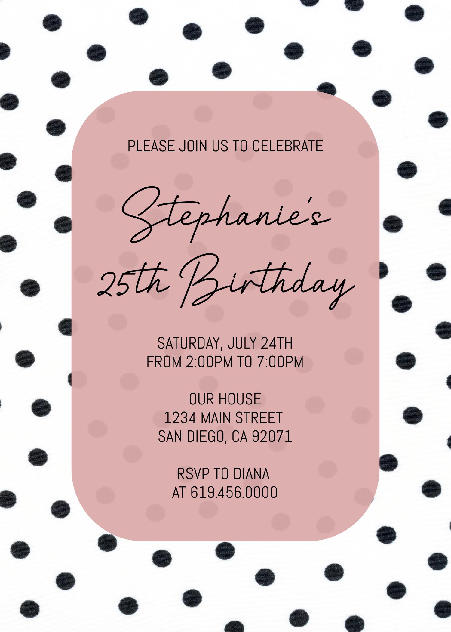Black Polka Dot Birthday Party Invitation Template, Chic Black and ...