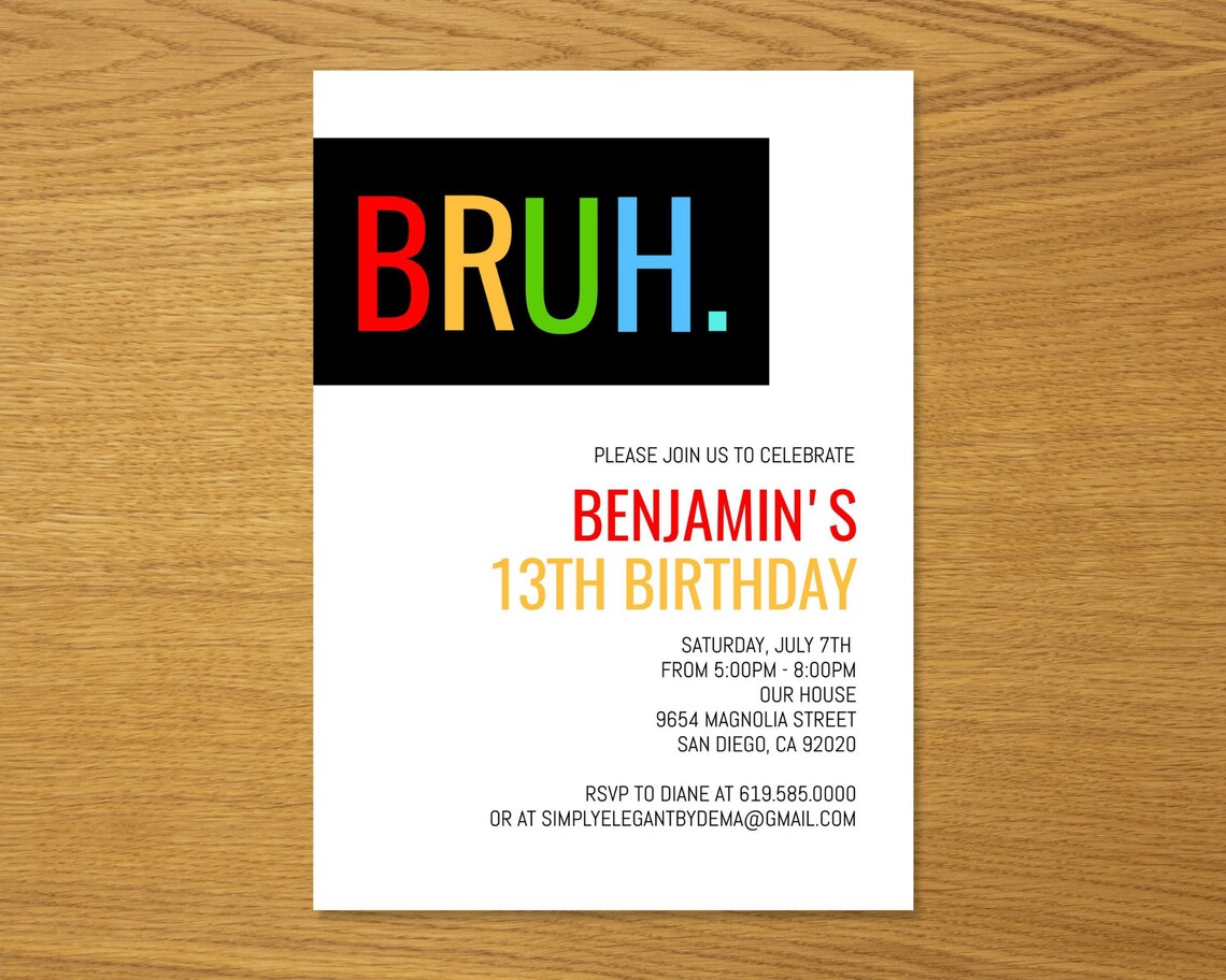 Colorful Bruh Birthday Party Invitation Template, Any Age, Instant ...