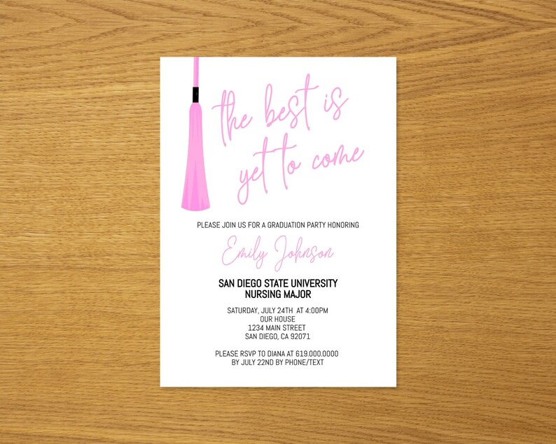 Tassel Graduation Invitation Template, Minimalist Pink Tassel ...