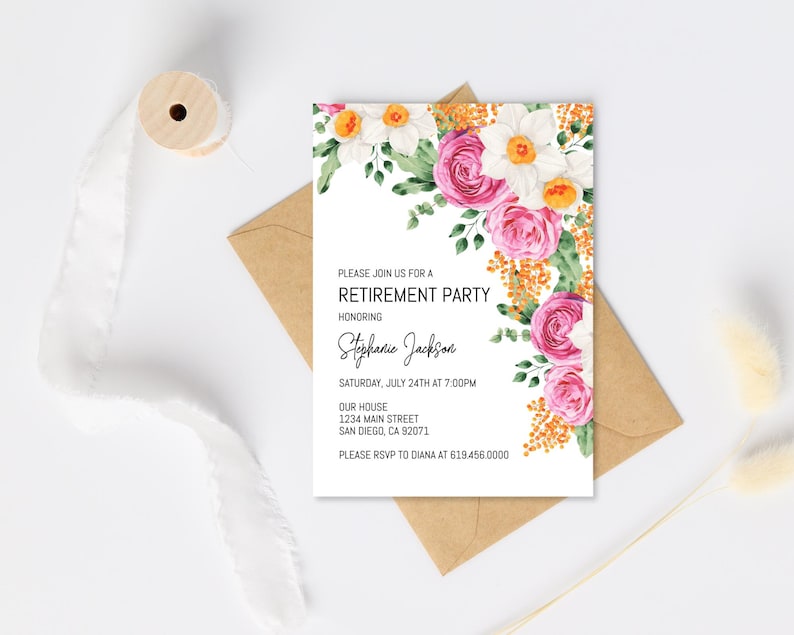 Retirement Party Invitation Template, Pink Floral Retirement ...