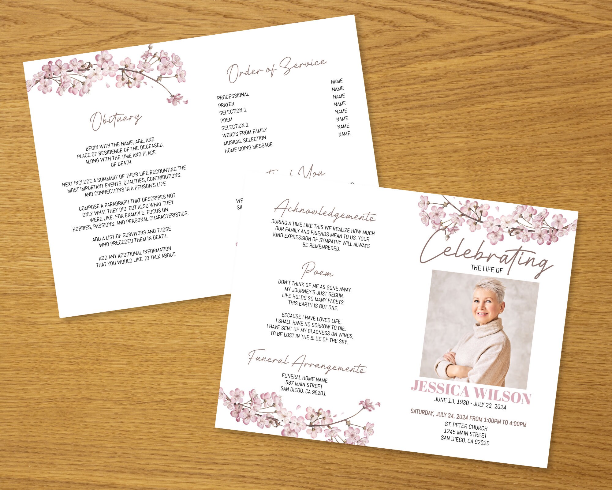 Cherry Blossom Funeral Program Template, Pink Flowers Funeral Program ...