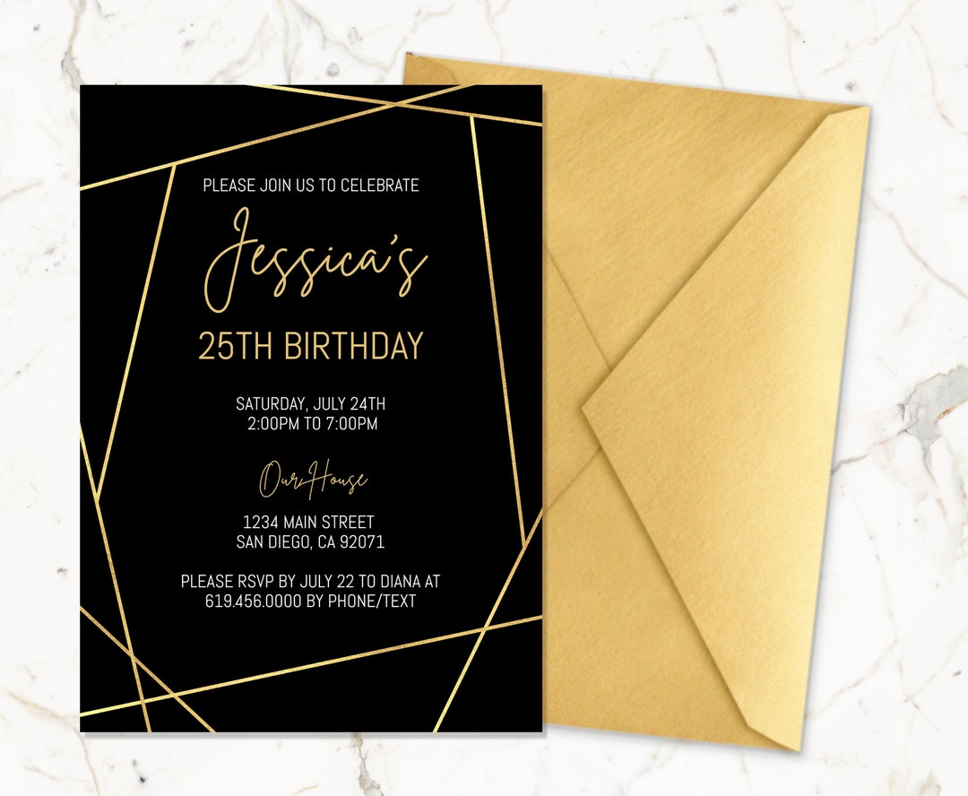 Luxury Black Gold Birthday Invitation Template, Elegant Template Design ...