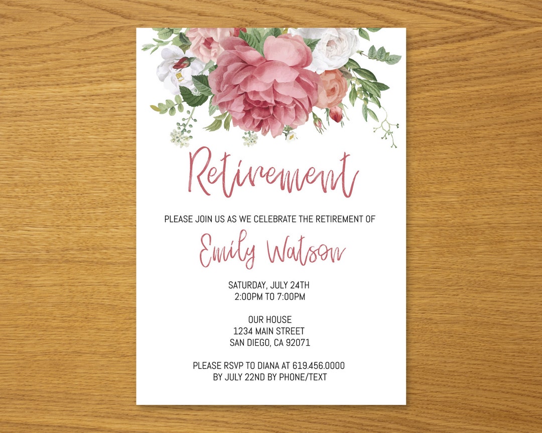 Pink Floral Retirement Invitations Template/printable Pink Flowers ...