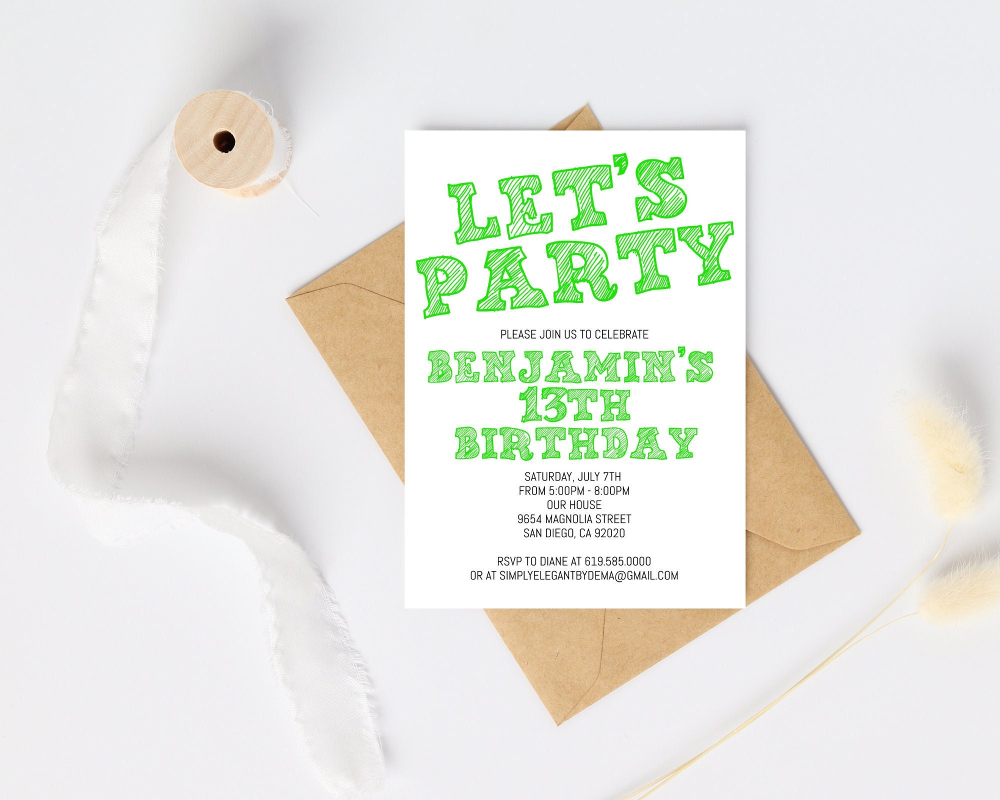 Simple Green Birthday Invitation Template, ANY AGE, Instant Download ...