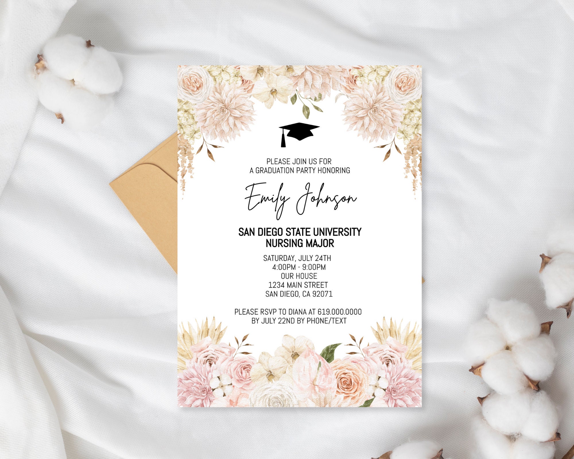 Floral Graduation Party Invitation, Wildflower Invitation Template ...