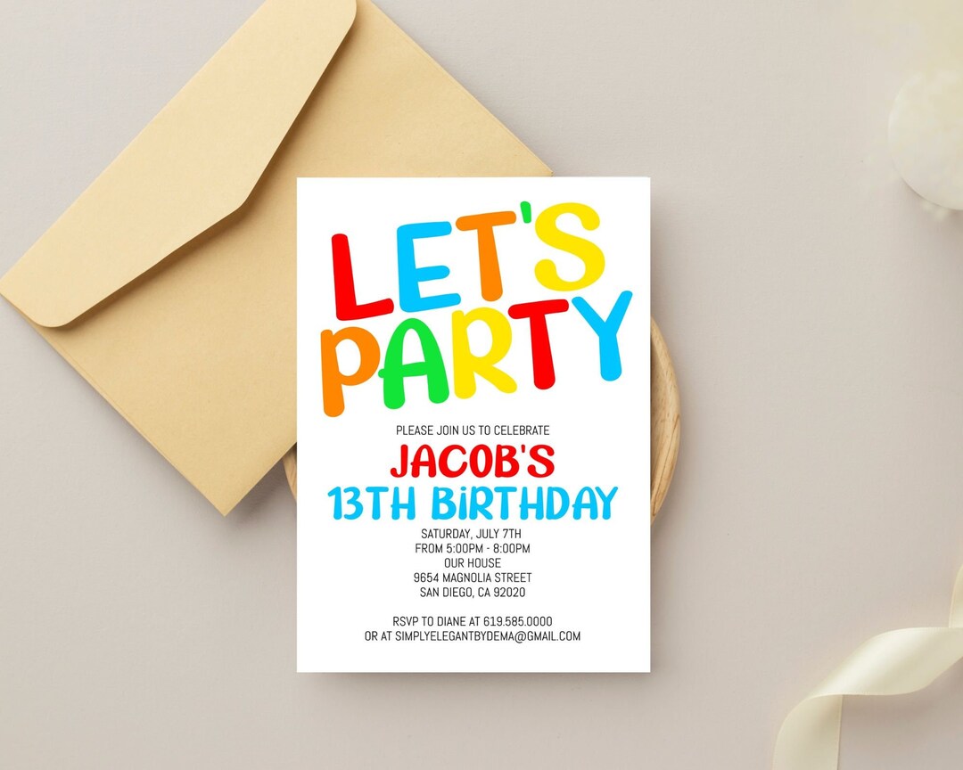 Simple Colorful Birthday Invitation Template, ANY AGE, Instant Download ...