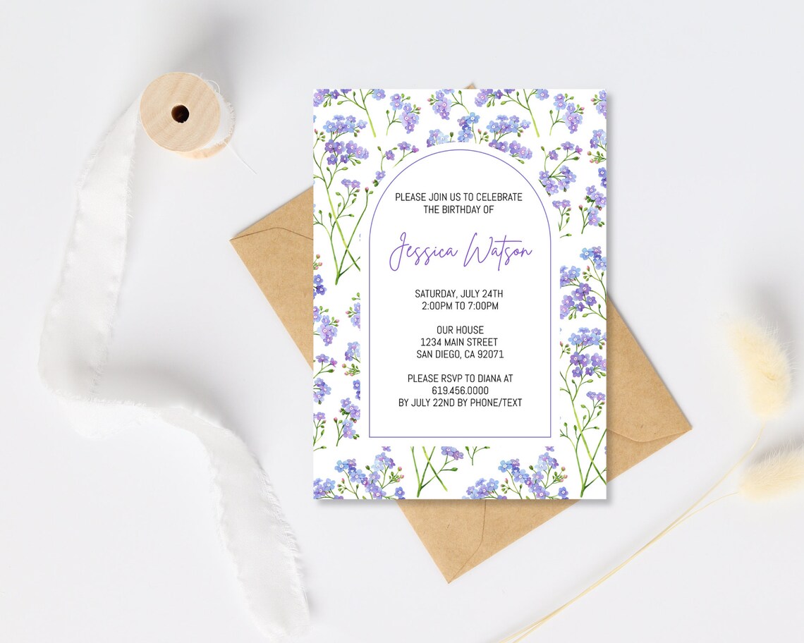 Purple Flowers Birthday Invitation Template, Purple Floral Birthday ...