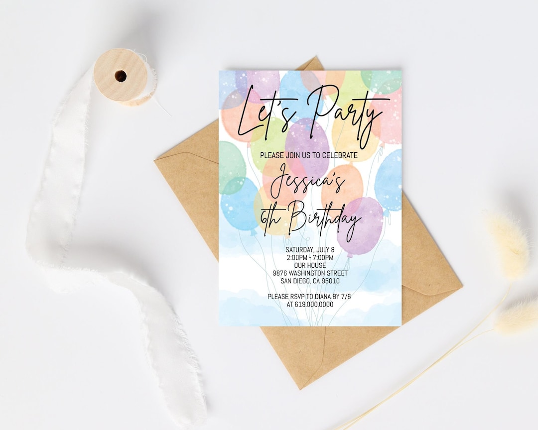 Colorful Balloons Birthday Invitation Template, Editable, Birthday ...