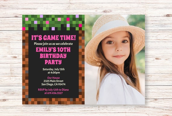 Photo Pink Pixelated Invitation for Girls Pink Minecraft - Etsy
