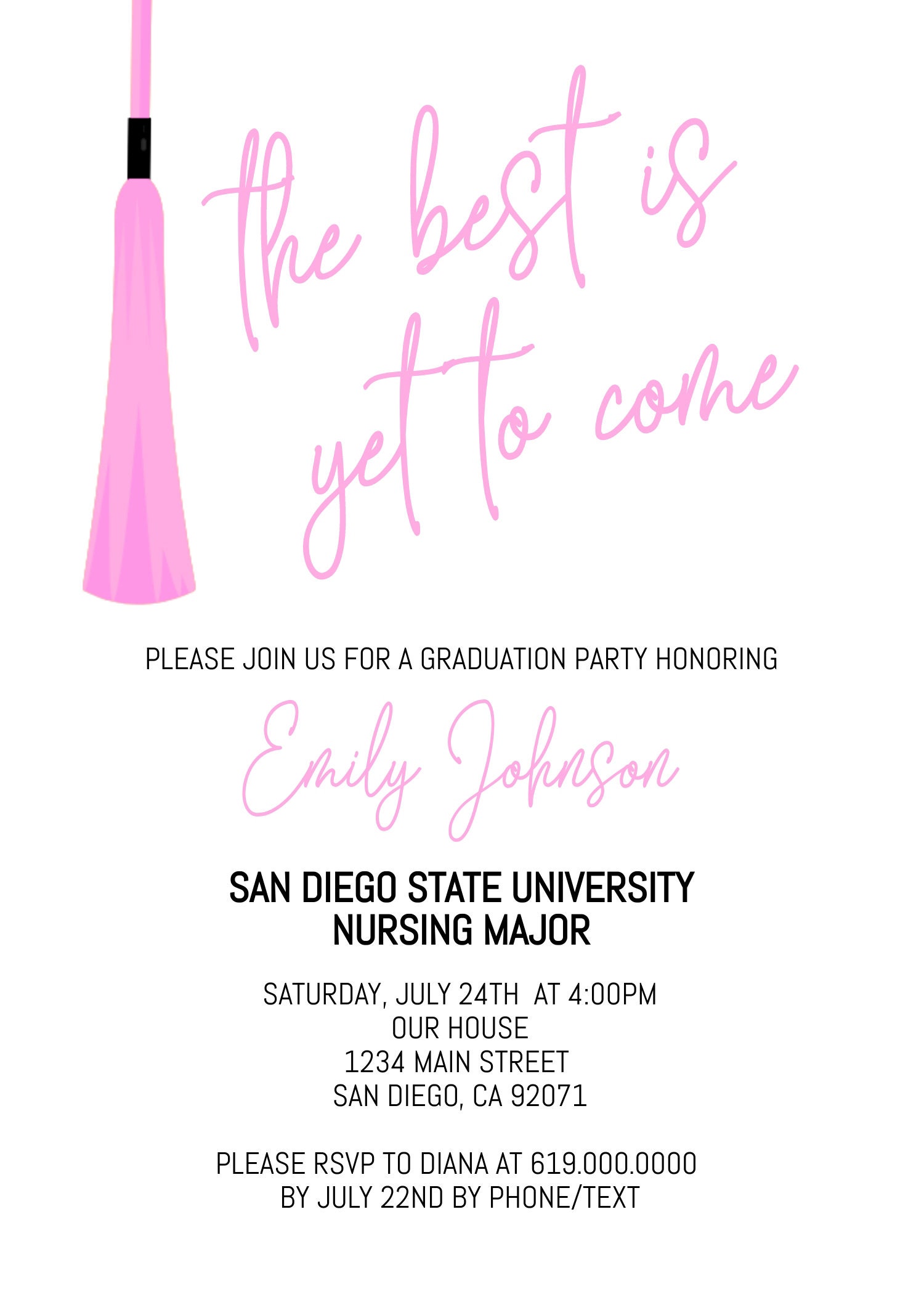 Tassel Graduation Invitation Template, Minimalist Pink Tassel ...