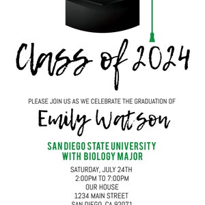 Green Graduation Party Invitation Template, High School Graduation ...
