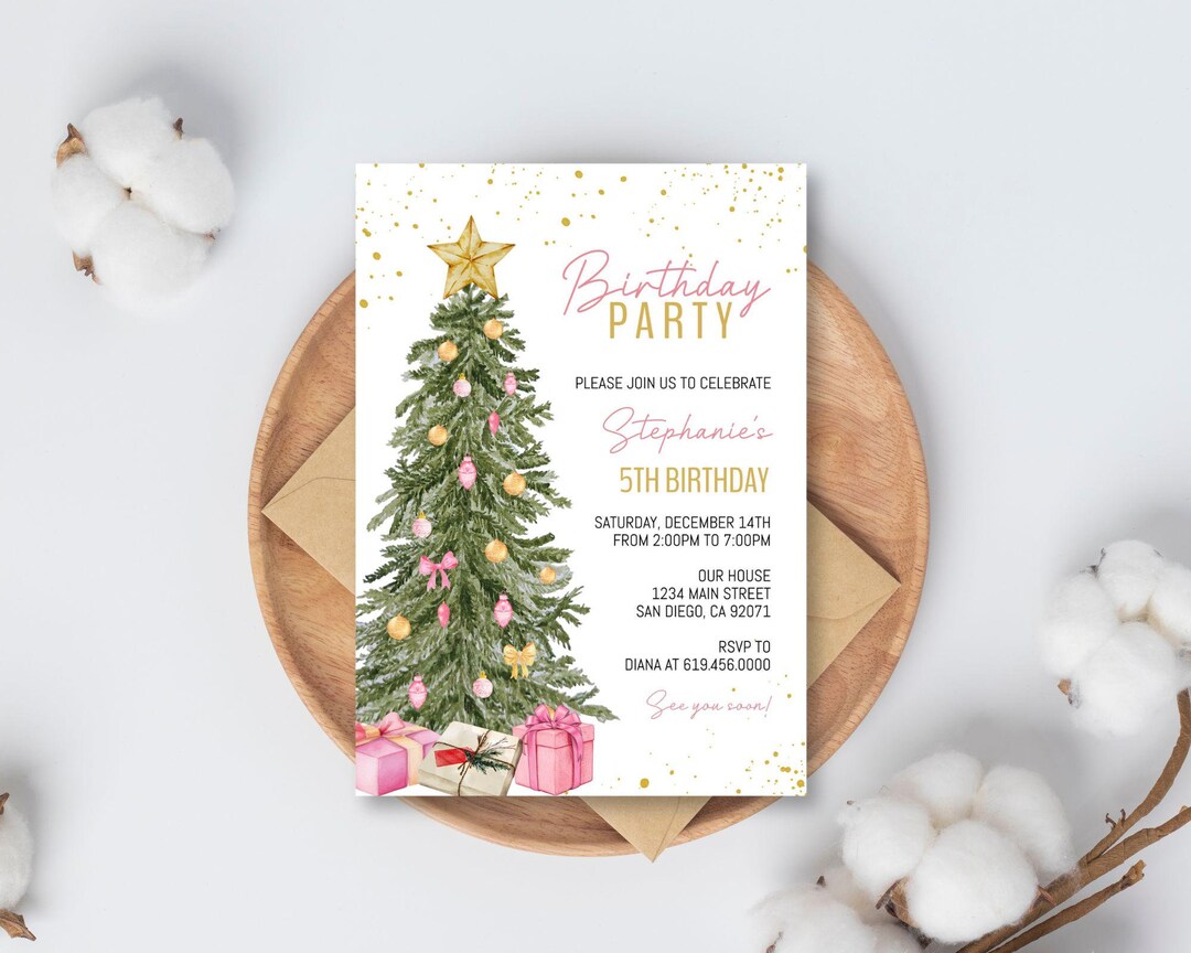 Christmas Birthday Invitation Template, Pink & Gold Christmas Birthday ...
