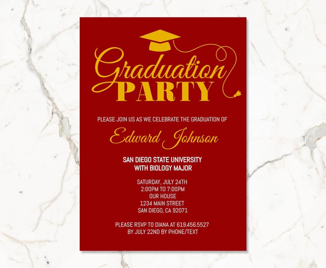 Gold & Red Graduation Party Invitation Template, Graduation ...