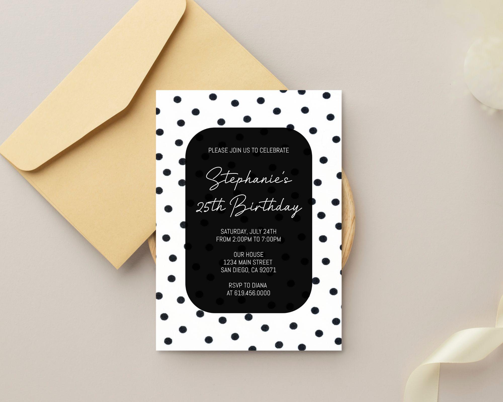 Black Polka Dot Birthday Party Invitation Template, Chic Black & White ...