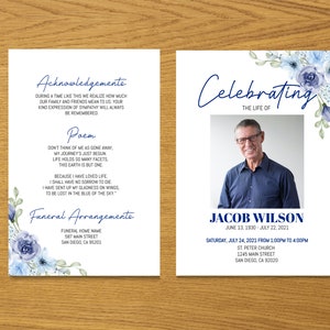 Blue Funeral Program Template, Blue Flowers Funeral Program for Men ...