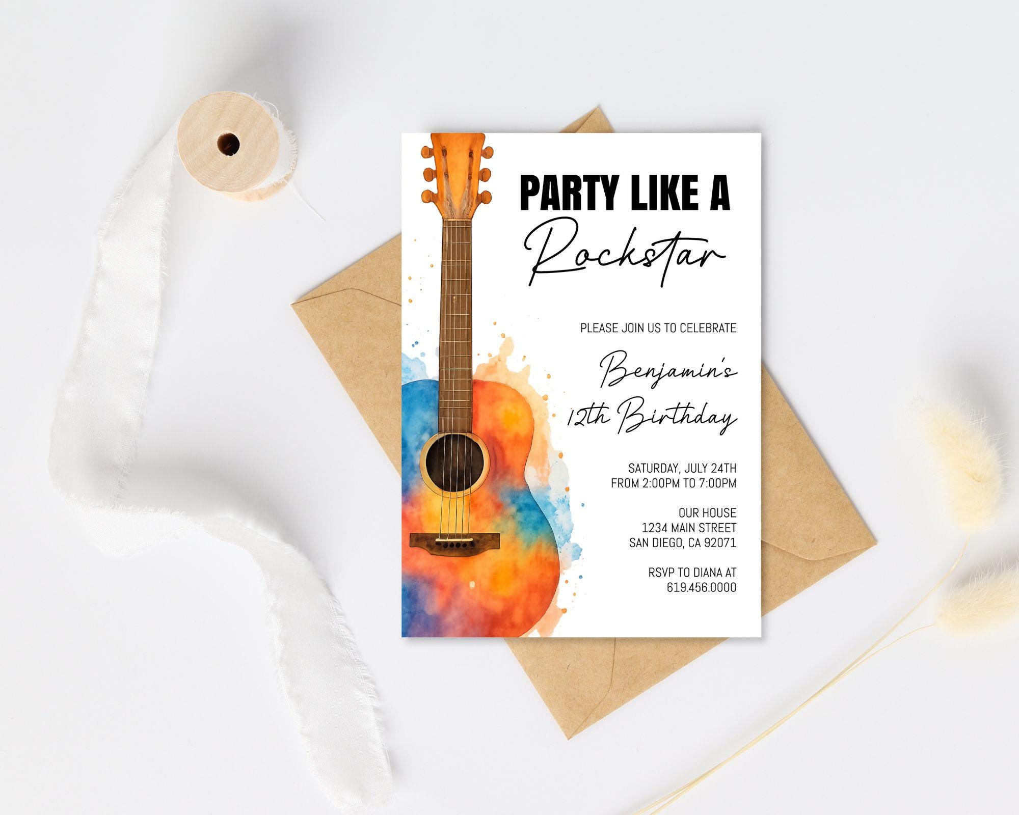 Guitar Birthday Party Invitation Template, Rockstar Invite, Karaoke ...
