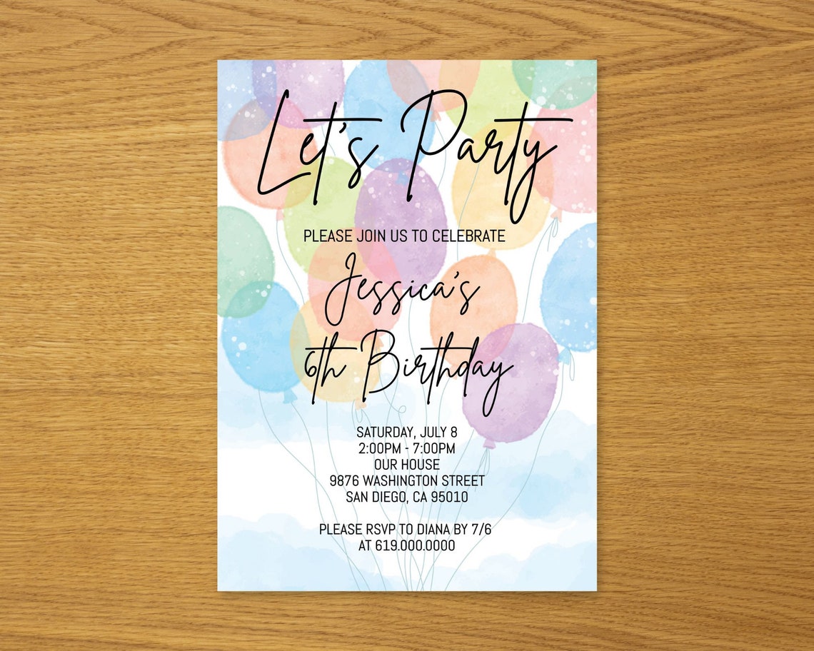 Colorful Balloons Birthday Invitation Template, Editable, Birthday ...